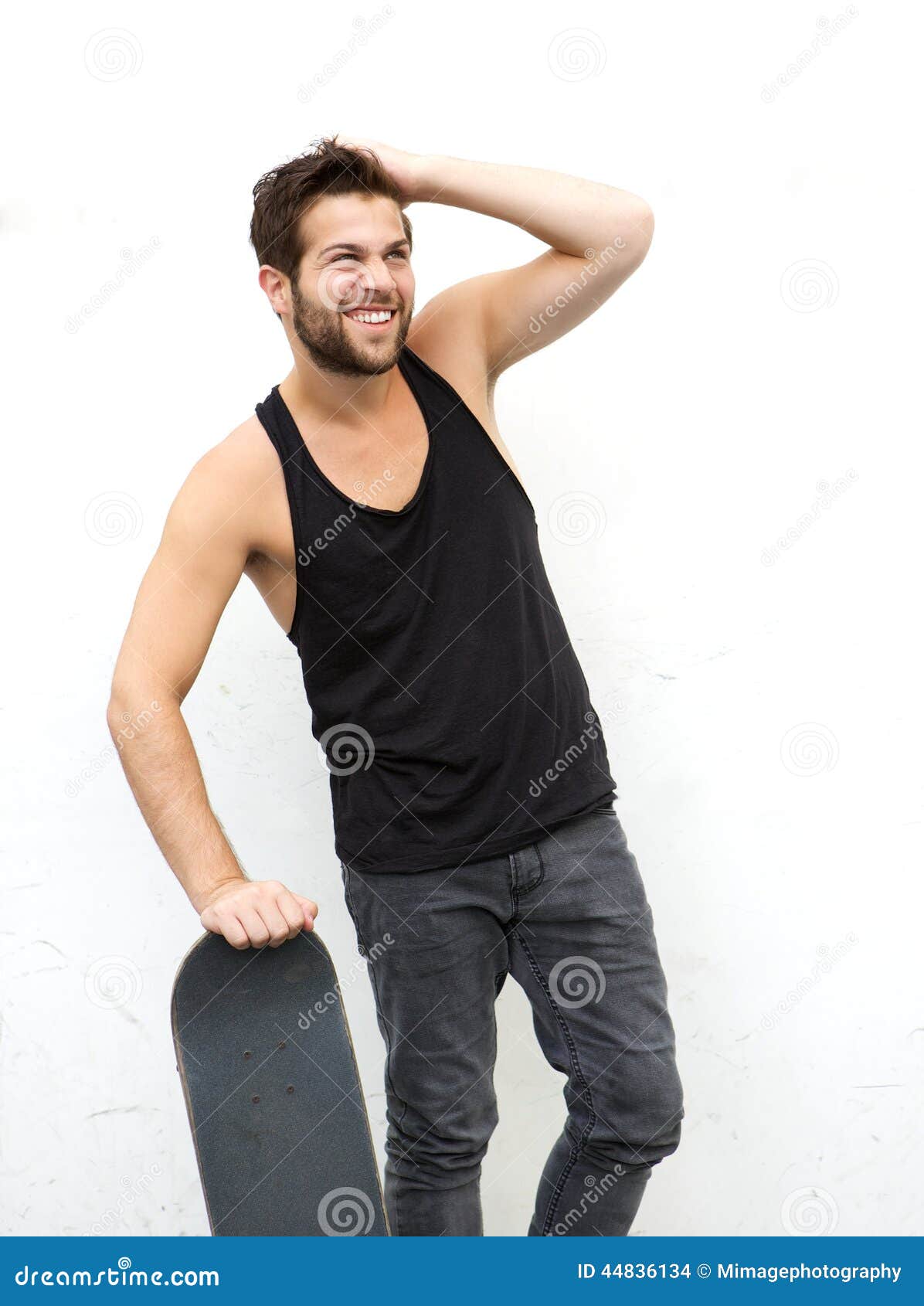Funky Guy Holding Skateboard Against White Background Stock Photo ...