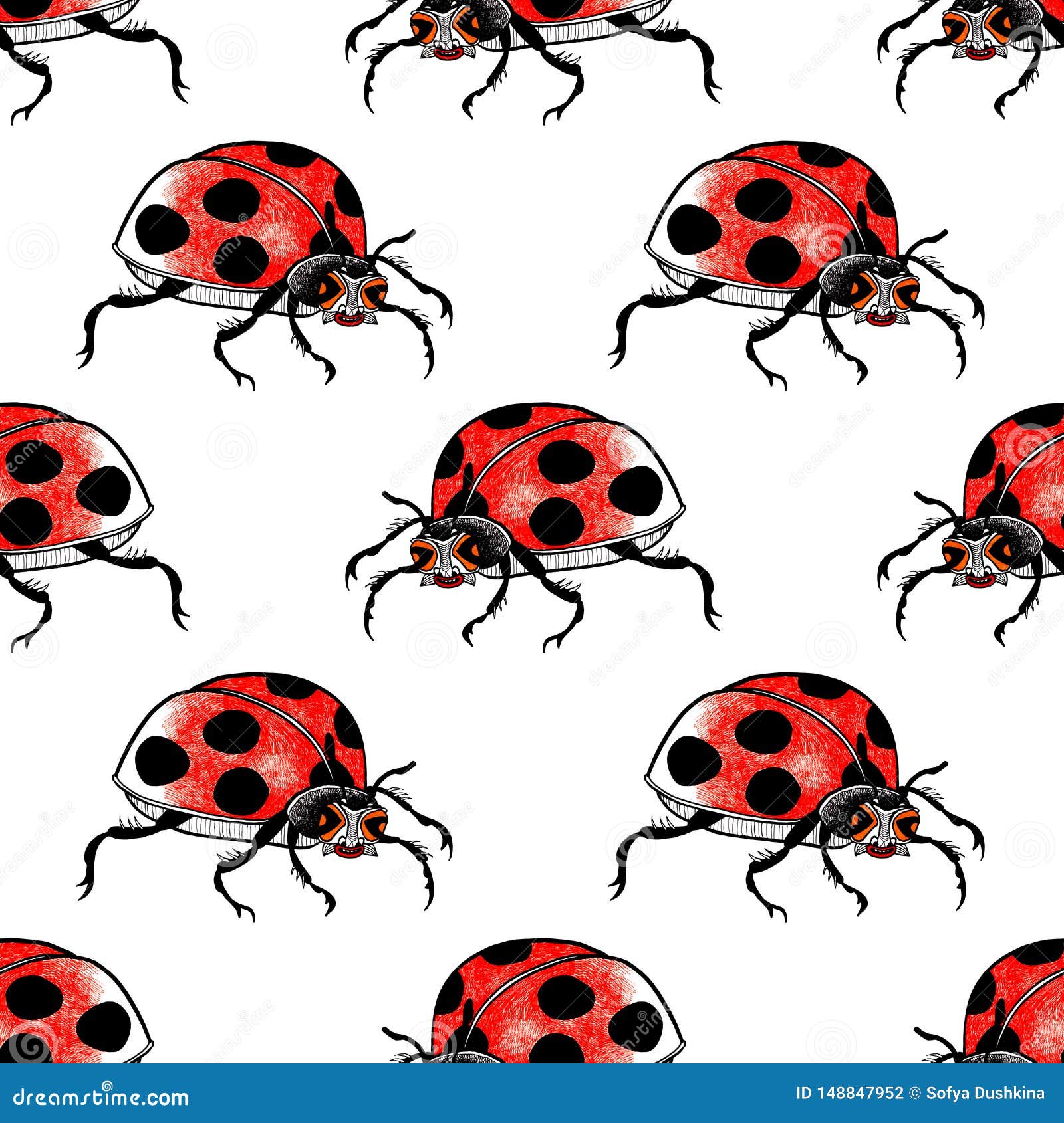 Funky Ladybugs Seamless Pattern. Raster Background Stock Illustration ...