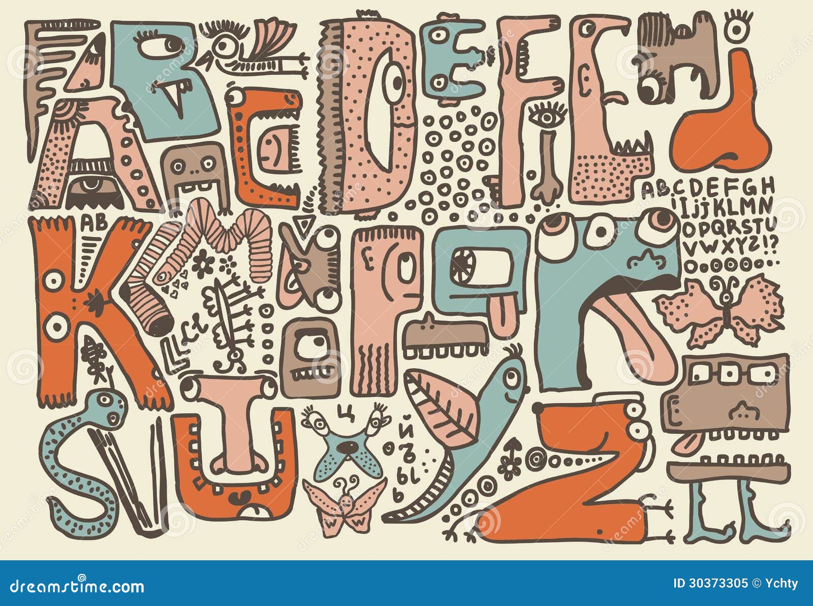 Funky Monsters Doodle Retro Alphabet Stock Vector - Illustration of ...