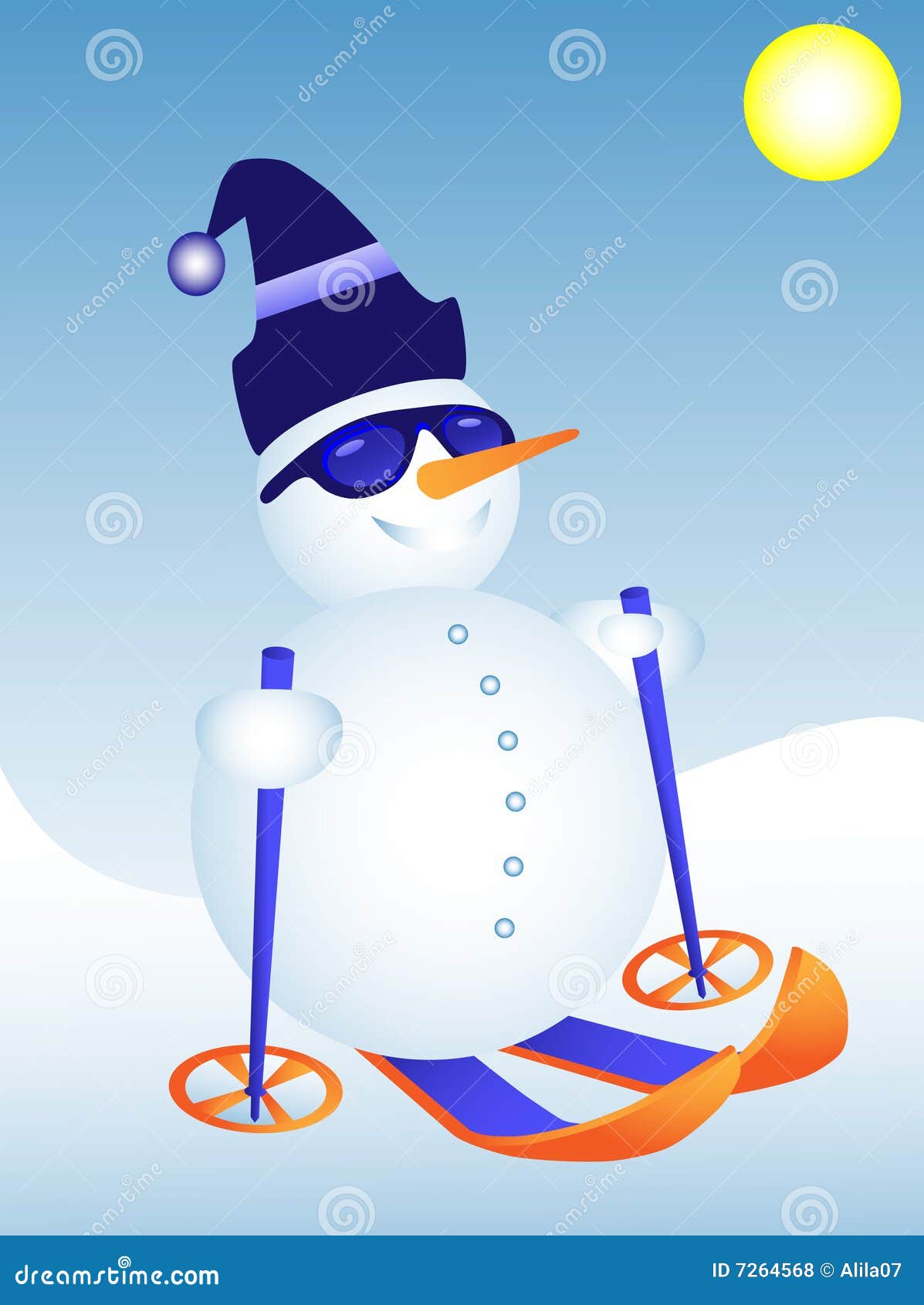 Funky snowman skiing stock vector. Illustration of happiness - 7264568
