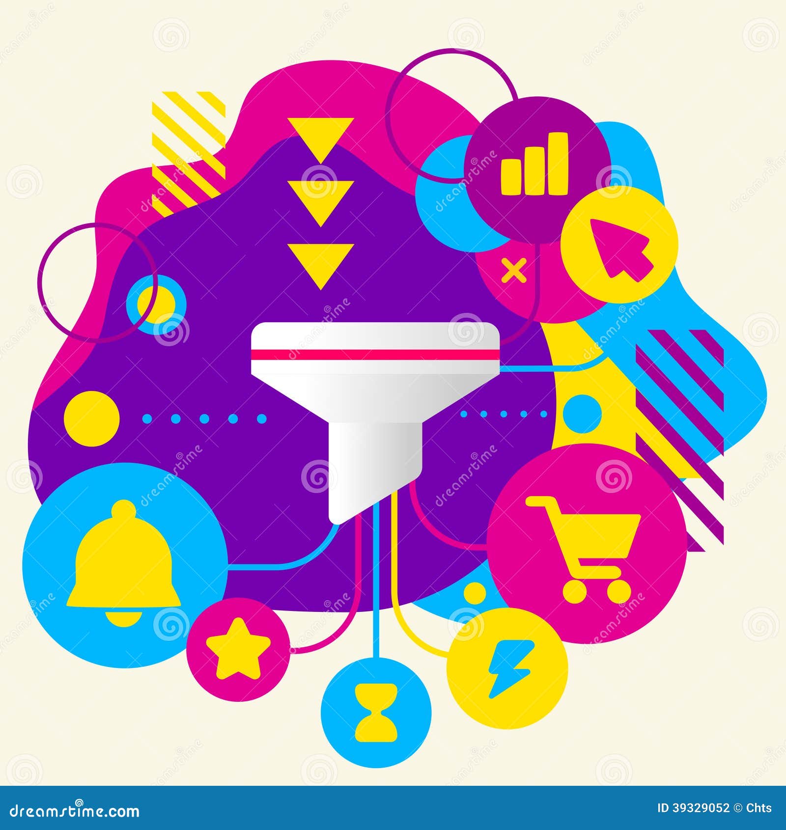 Funnel on Abstract Colorful Spotted Background with Different Icons and ...