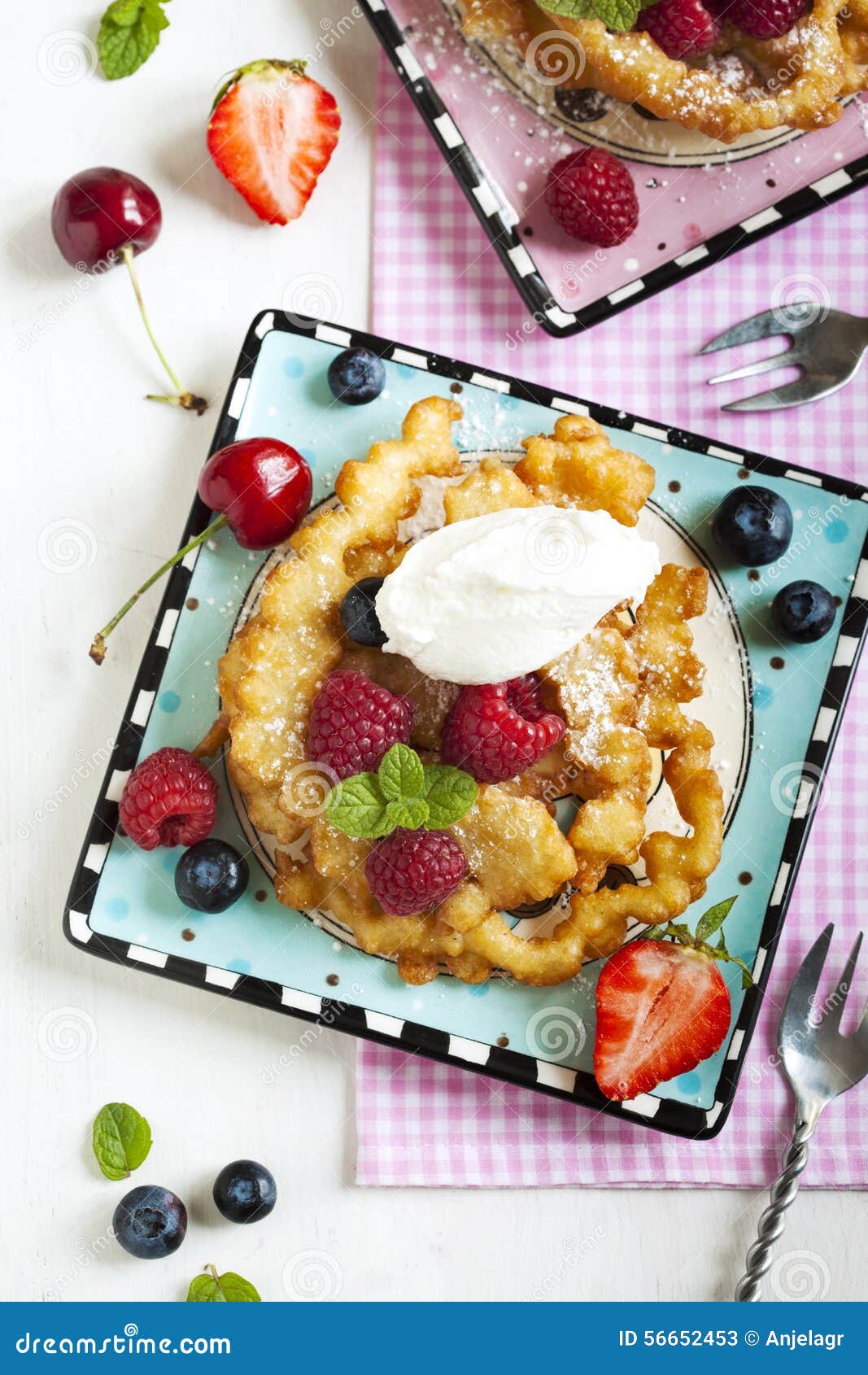 Funnel Cakes with Fresh Berries and Whipped Cream Stock Image - Image ...