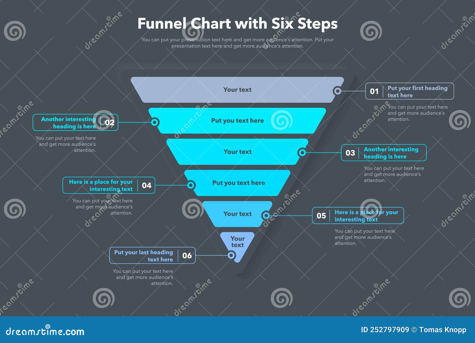 Funnel Chart Template with Six Steps - Dark Version Stock Vector ...