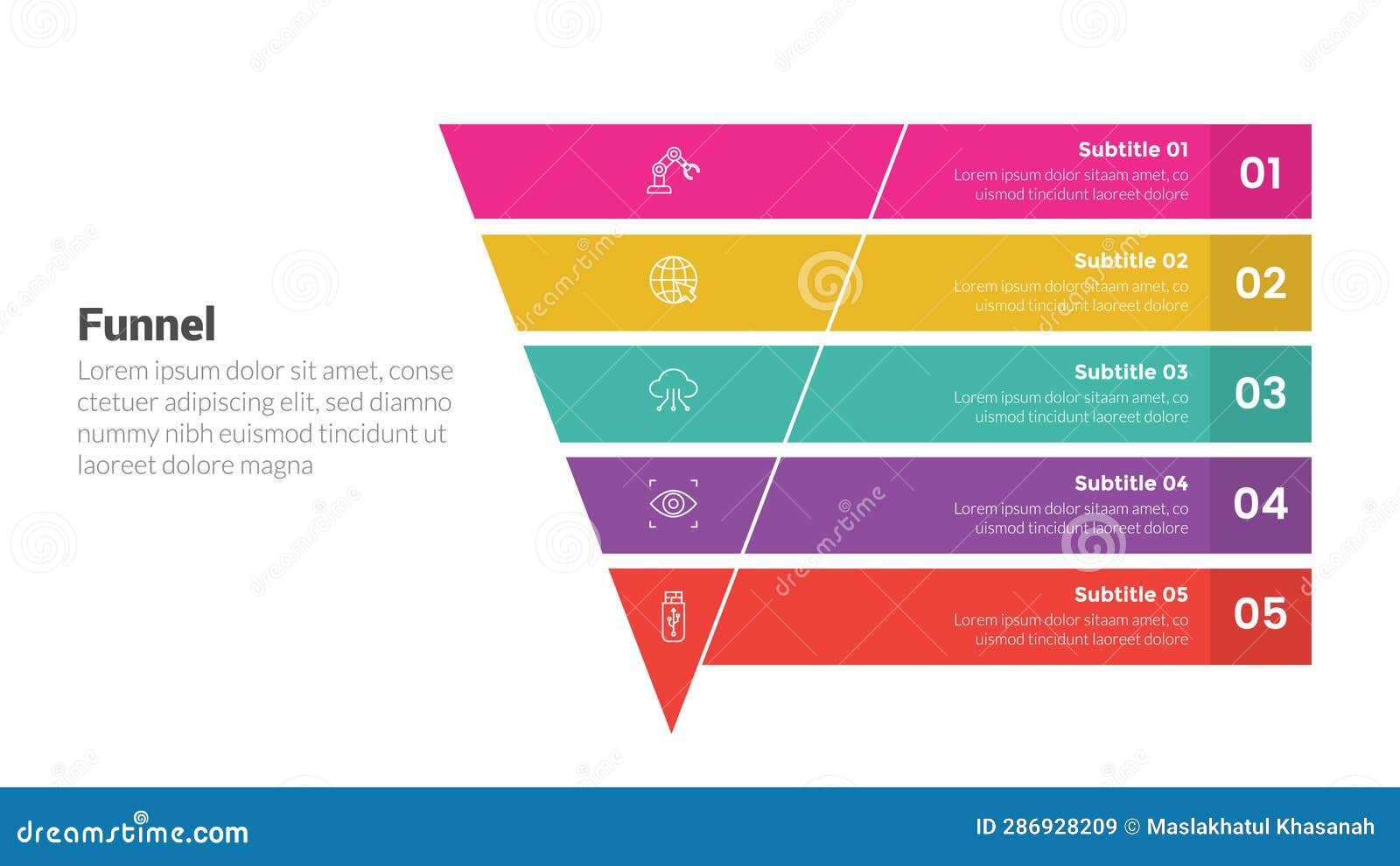 Funnel Shape Infographics Template Diagram with Sharp Funnels and Box ...