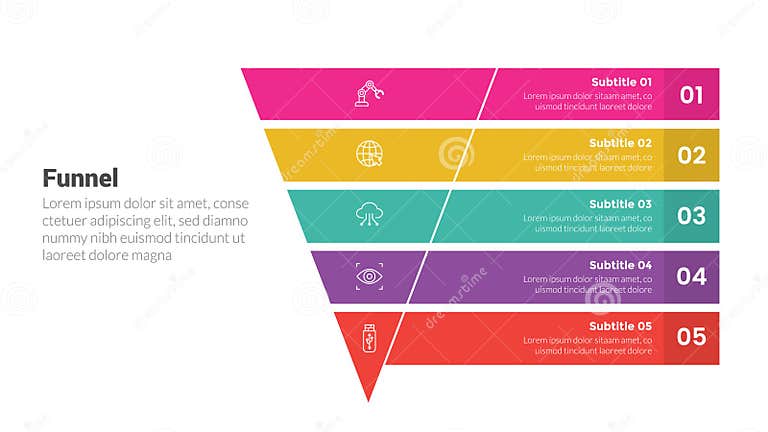 Funnel Shape Infographics Template Diagram with Sharp Funnels and Box ...