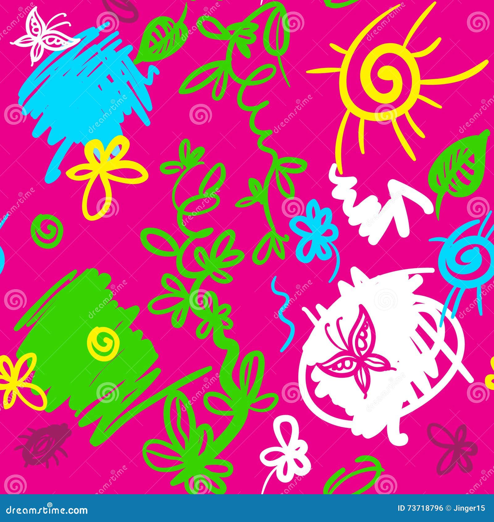 Funny Abstract Red Pattern with Flowers Butterflies and Spots Stock ...