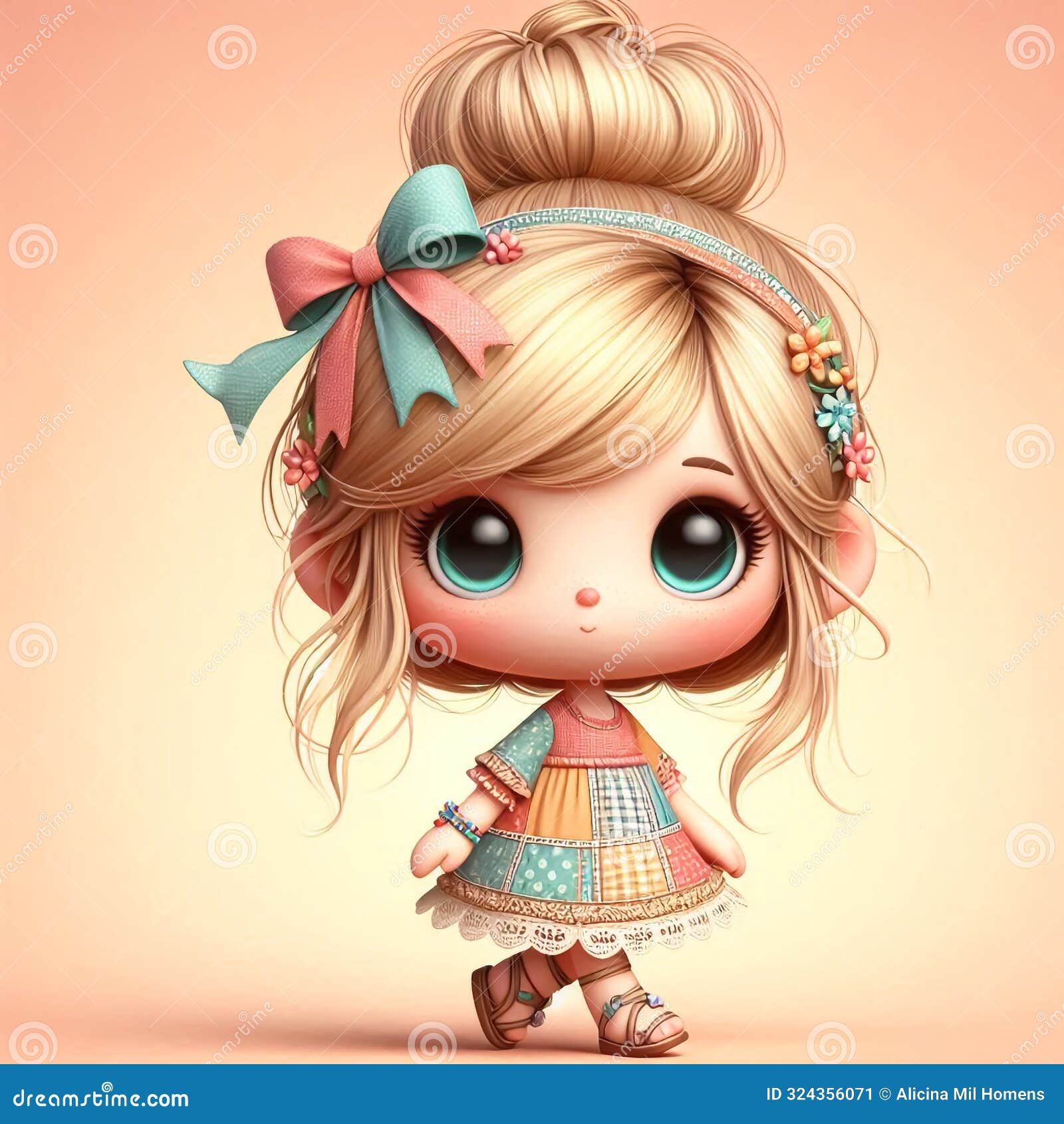 Funny Adorable Doll Cartoon with Patchwork Dress Stock Illustration ...