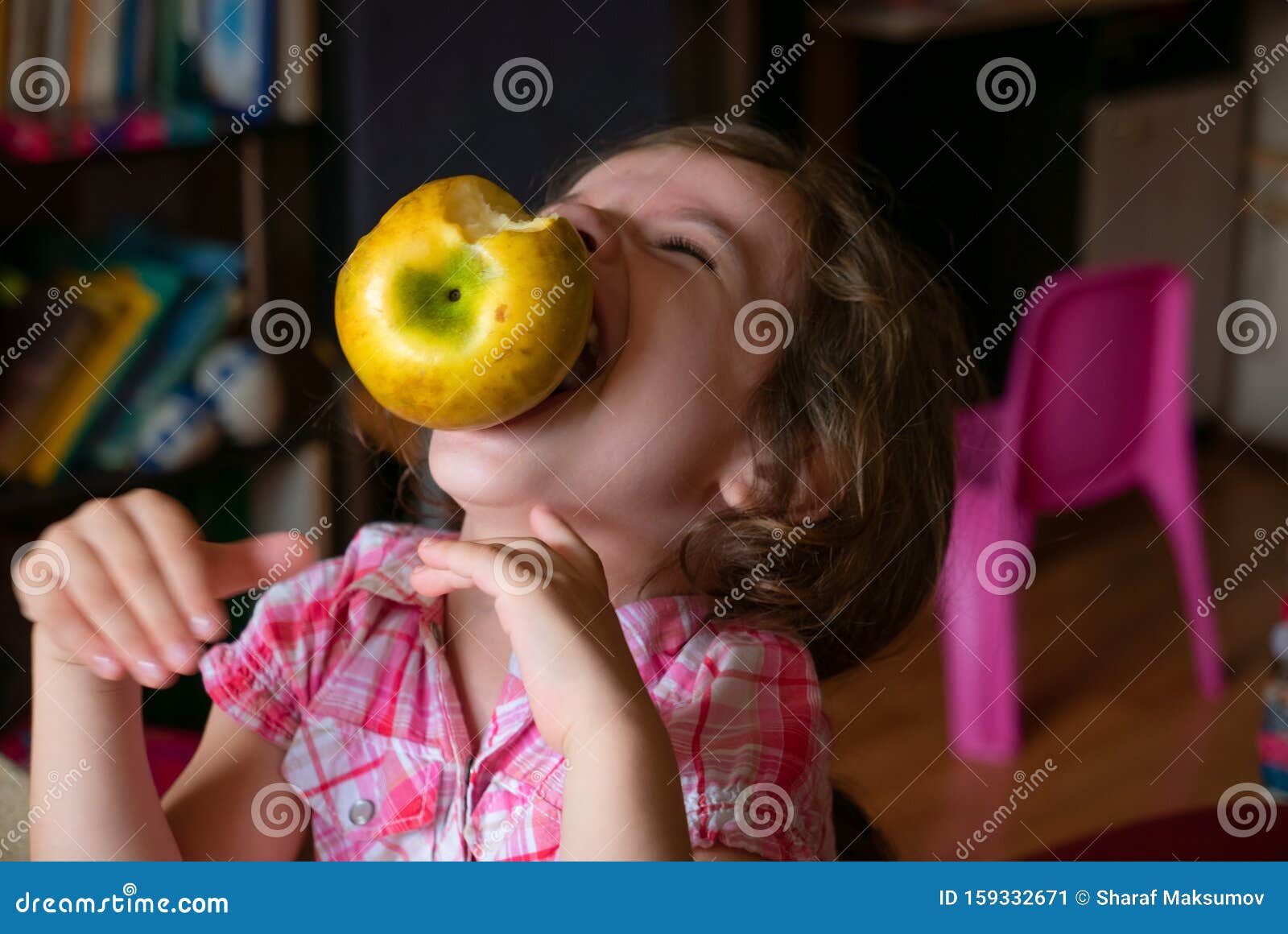 Funny Adorable Little Kid Girl Eats an Apple Stock Image - Image of ...