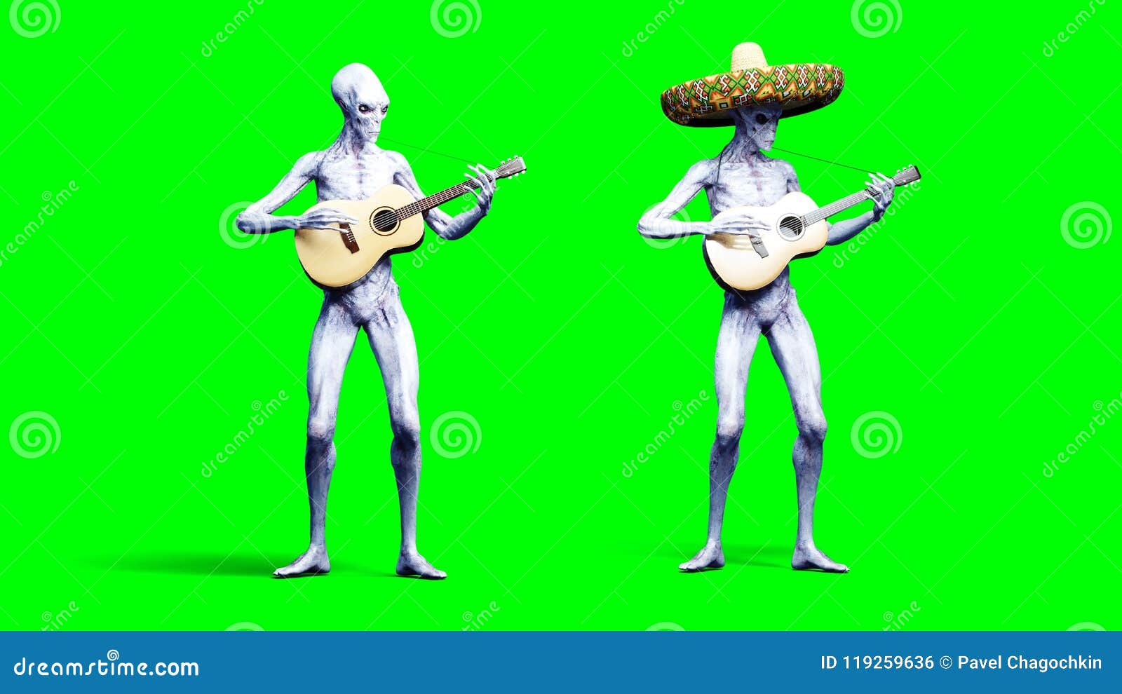 Funny Alien Plays on Acustic Guitar. Realistic Motion and Skin Shaders ...