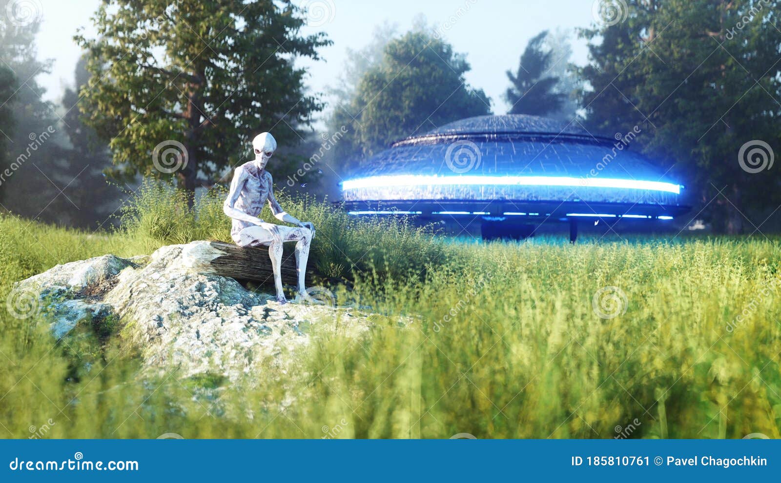 Funny Alien Sitting in Forest. 3d Rendering. Stock Illustration ...