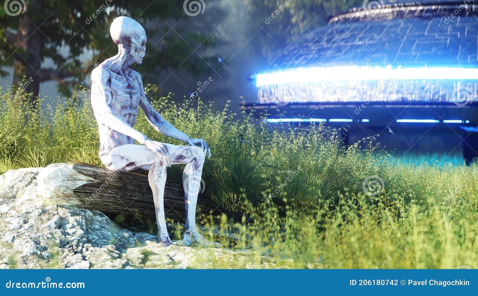 Funny Alien Sitting in Forest. Realistic 4k Animation. Stock Footage ...