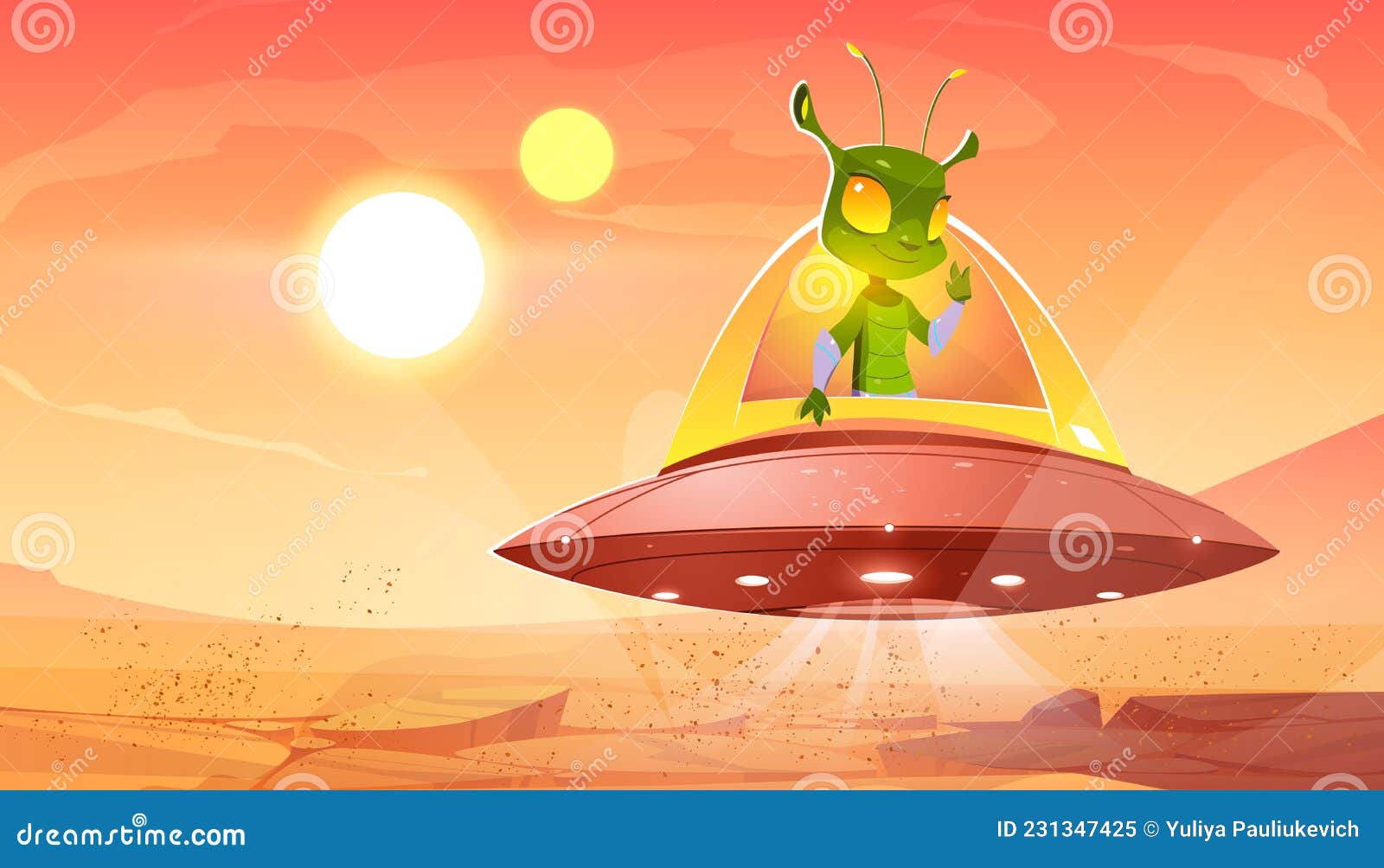 Funny Alien in Spaceship Hover Above Mars Surface Stock Vector ...