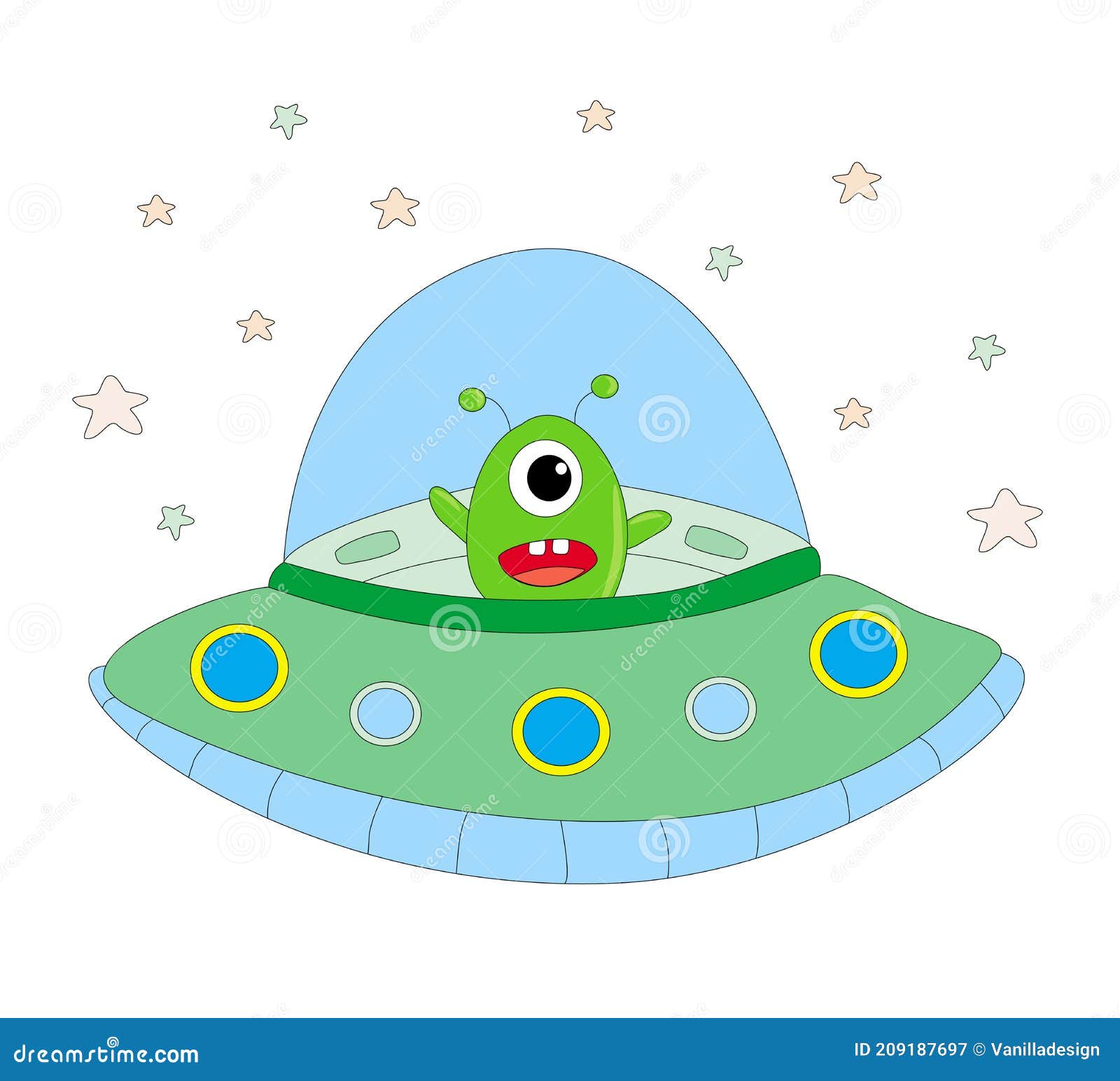 Funny Alien in a Spaceship - Isolated Illustration Stock Vector ...
