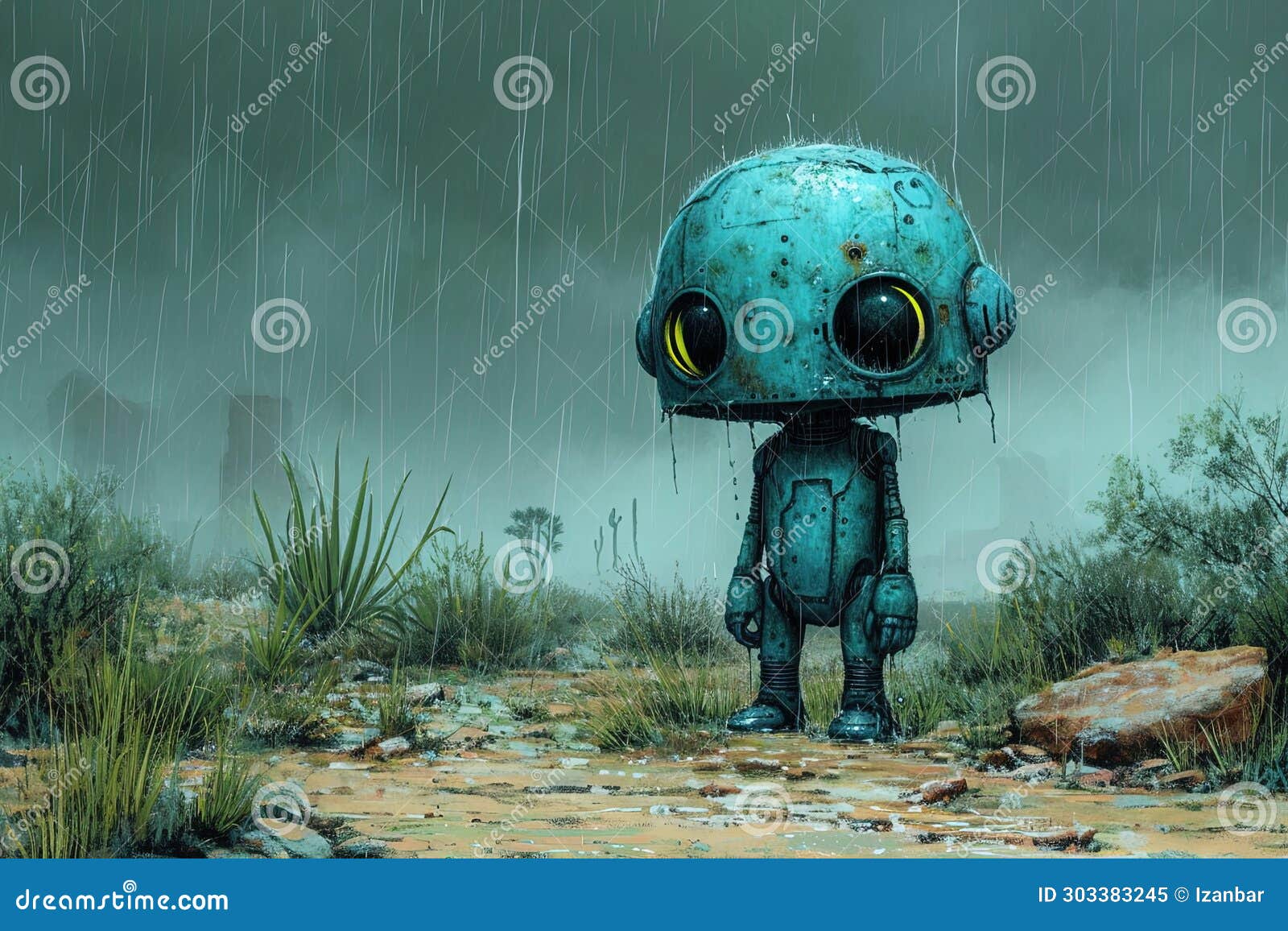 Funny Alien Under Heavy Rain in a Desert Generative AI Stock ...