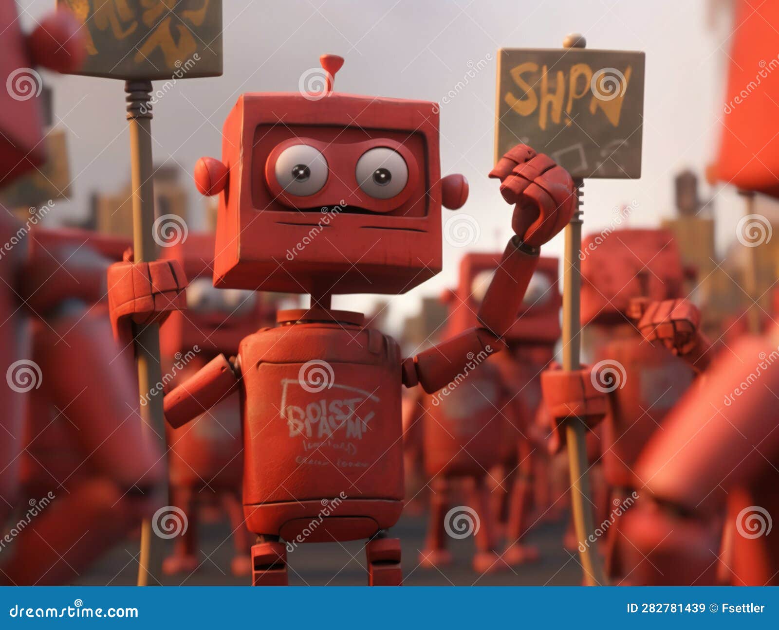 Funny Amusing Red Robots Protest with Posters on a Meeting. Stock ...