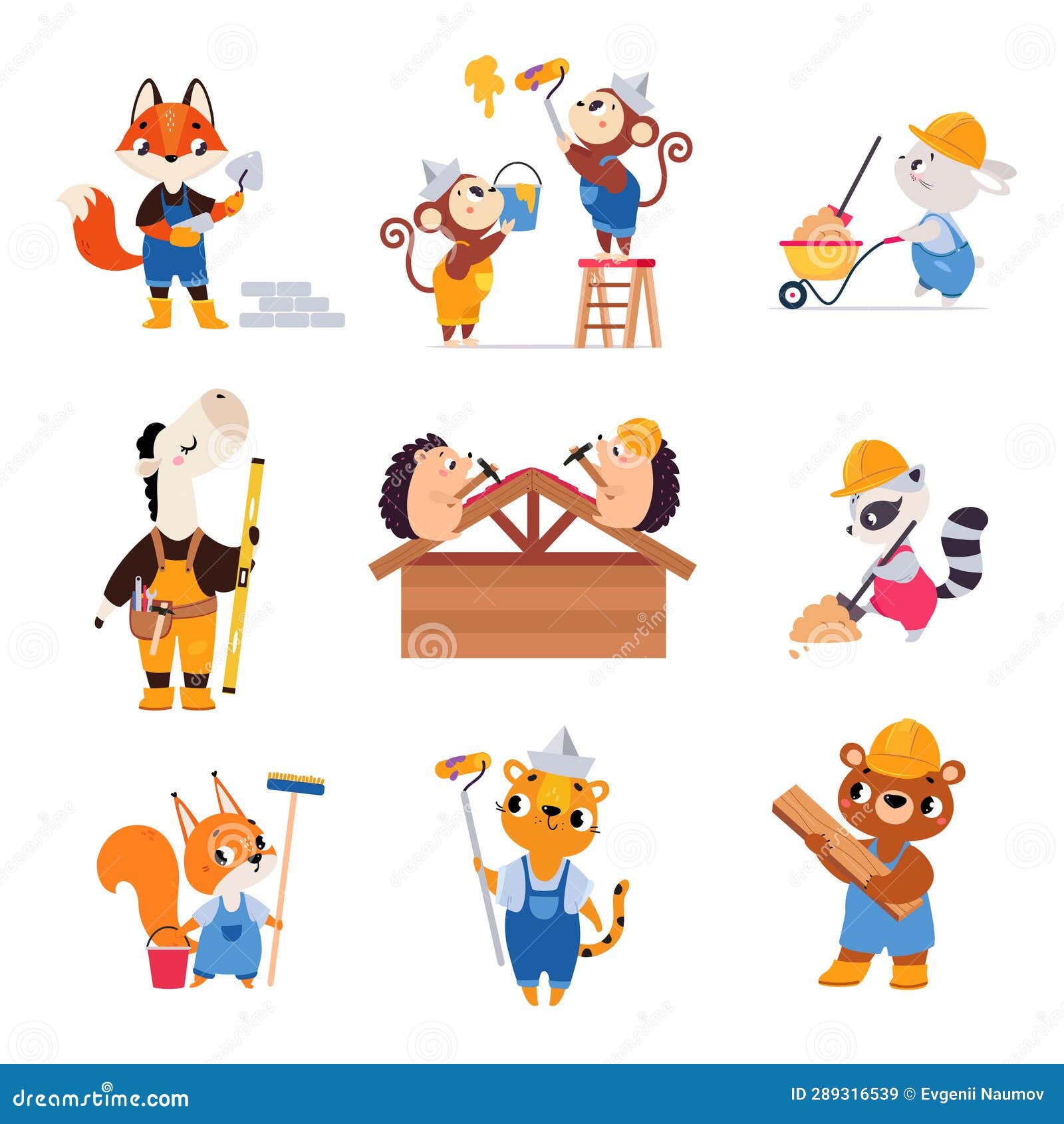 Funny Animal Builder Characters Working in Helmet Vector Set Stock ...