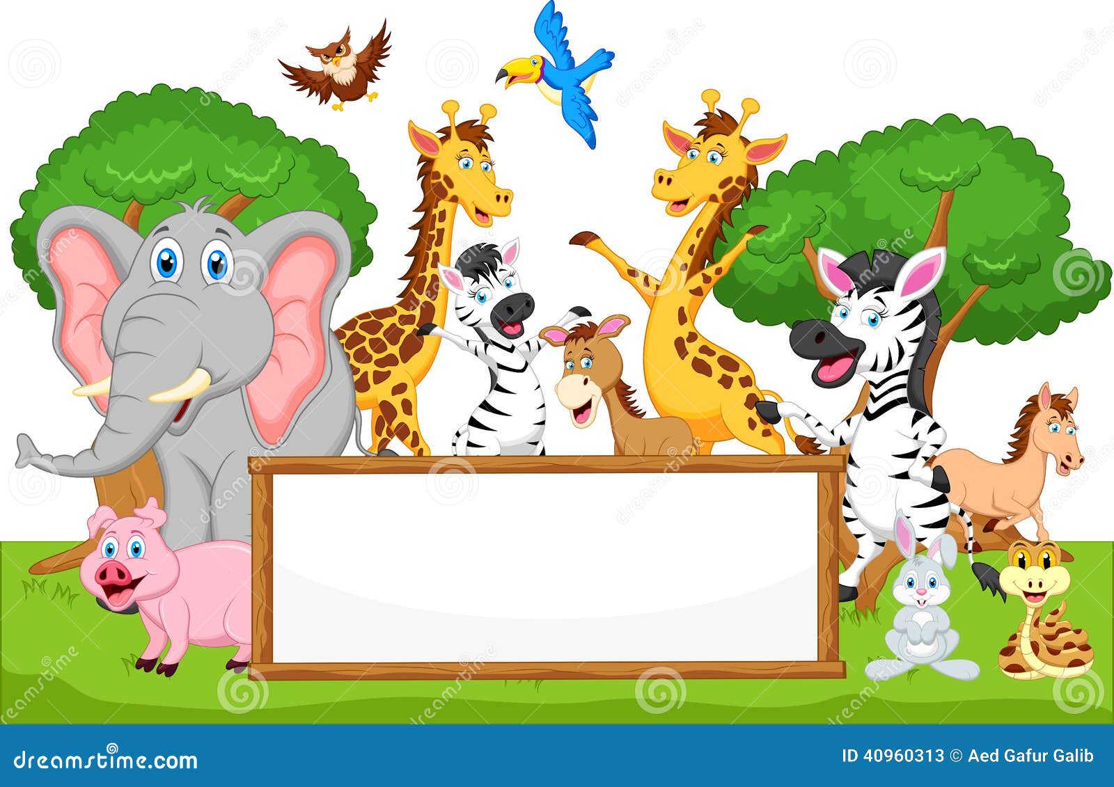 Funny Animal Cartoon with Blank Sign Stock Vector - Illustration of ...