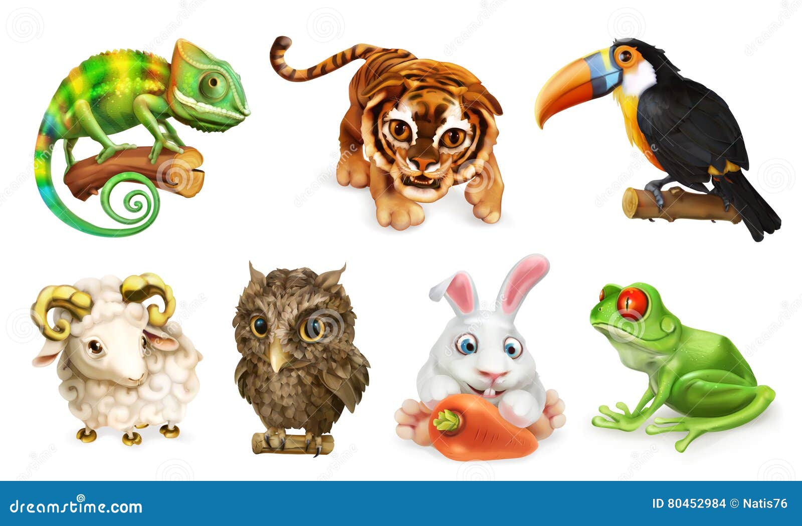 Funny Animal Set. 3d Vector Icon Stock Vector - Illustration of element ...