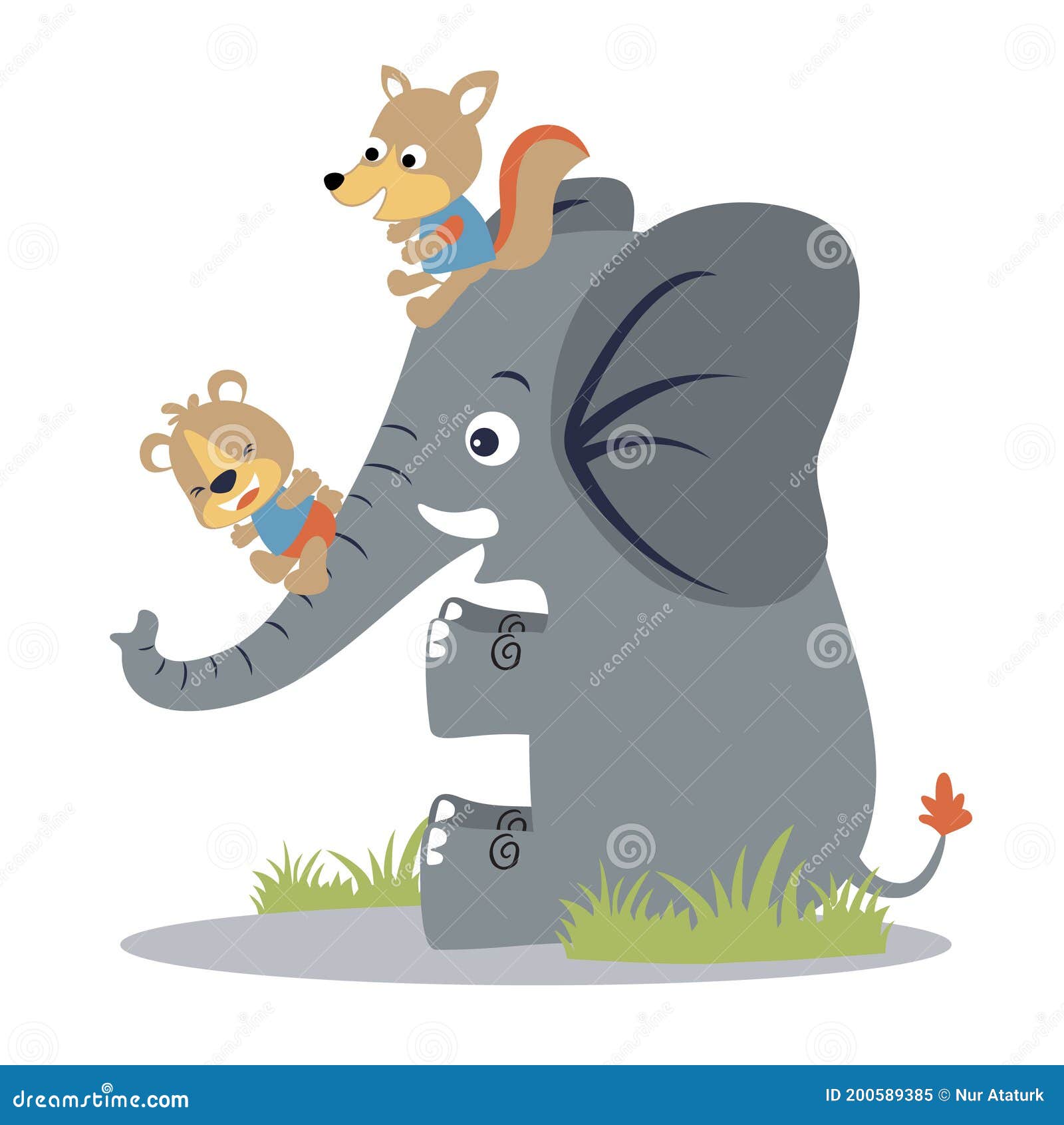 Cartoon of Little Bear and Fox Sliding on Elephant`s Nose Stock Vector ...