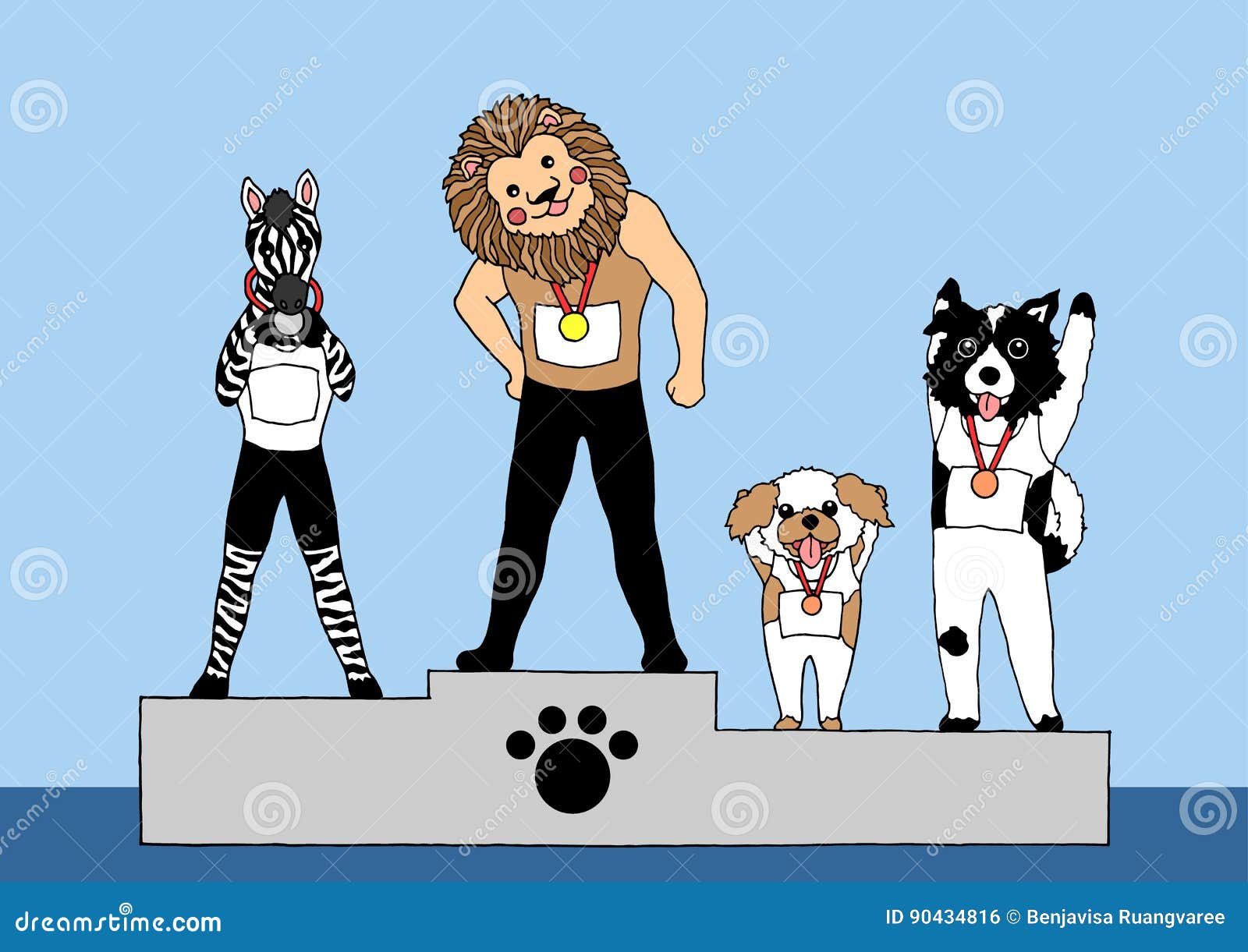 Funny Animals on Winner Podium Competition, Vector Design Hand Drawn ...