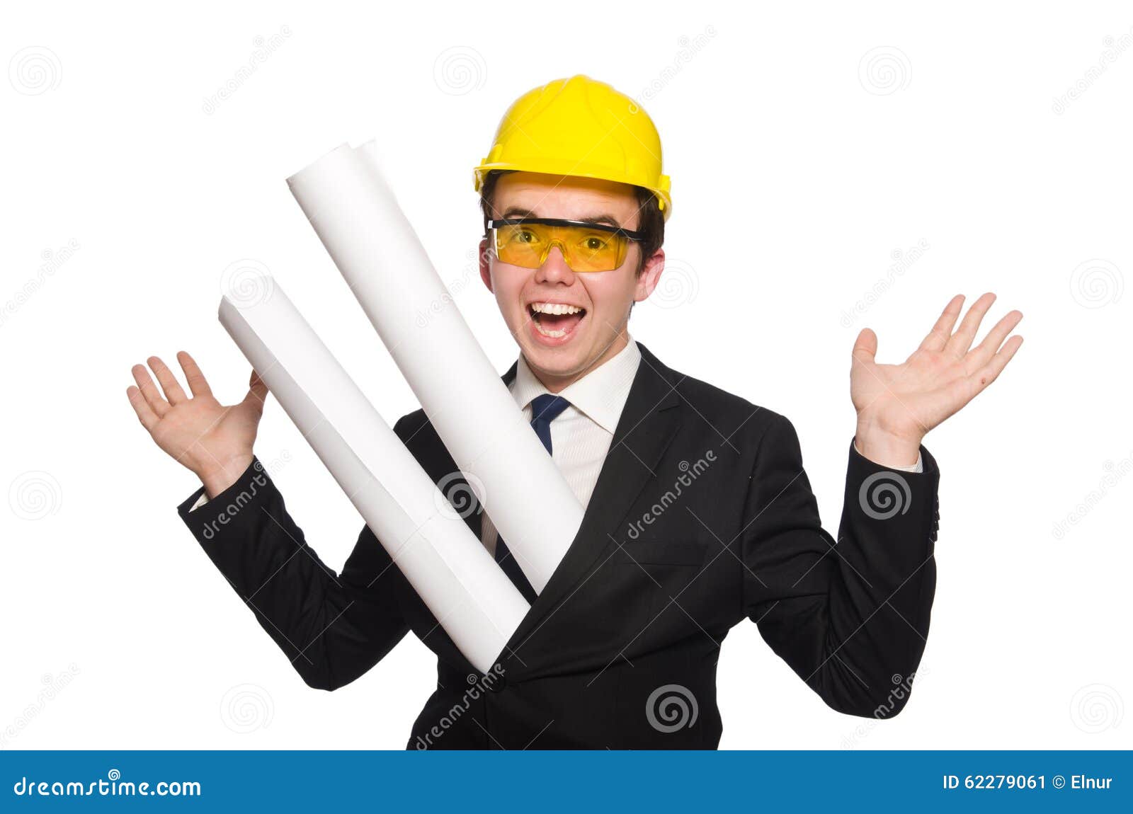 The Funny Architect with Drawings on White Stock Image - Image of ...