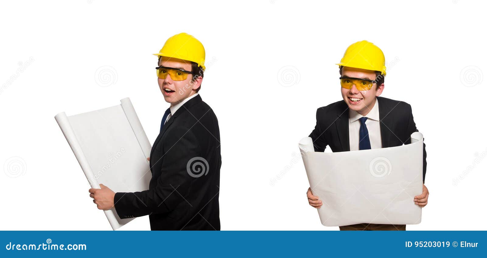 The Funny Architect with Drawings on White Stock Image - Image of ...