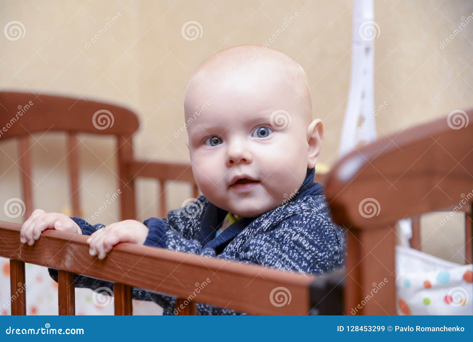 Funny Baby Boy Standing in a Crib Stock Image - Image of laughing, hair ...