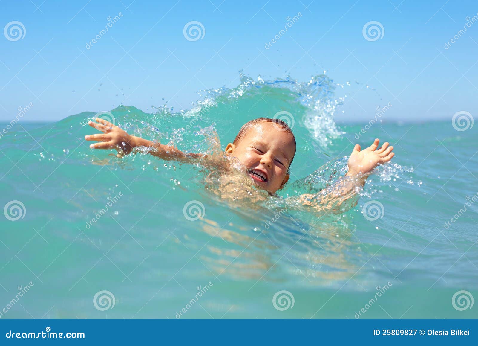 Funny Baby Boy Swimming in Waves Stock Image - Image of enjoy, natural ...