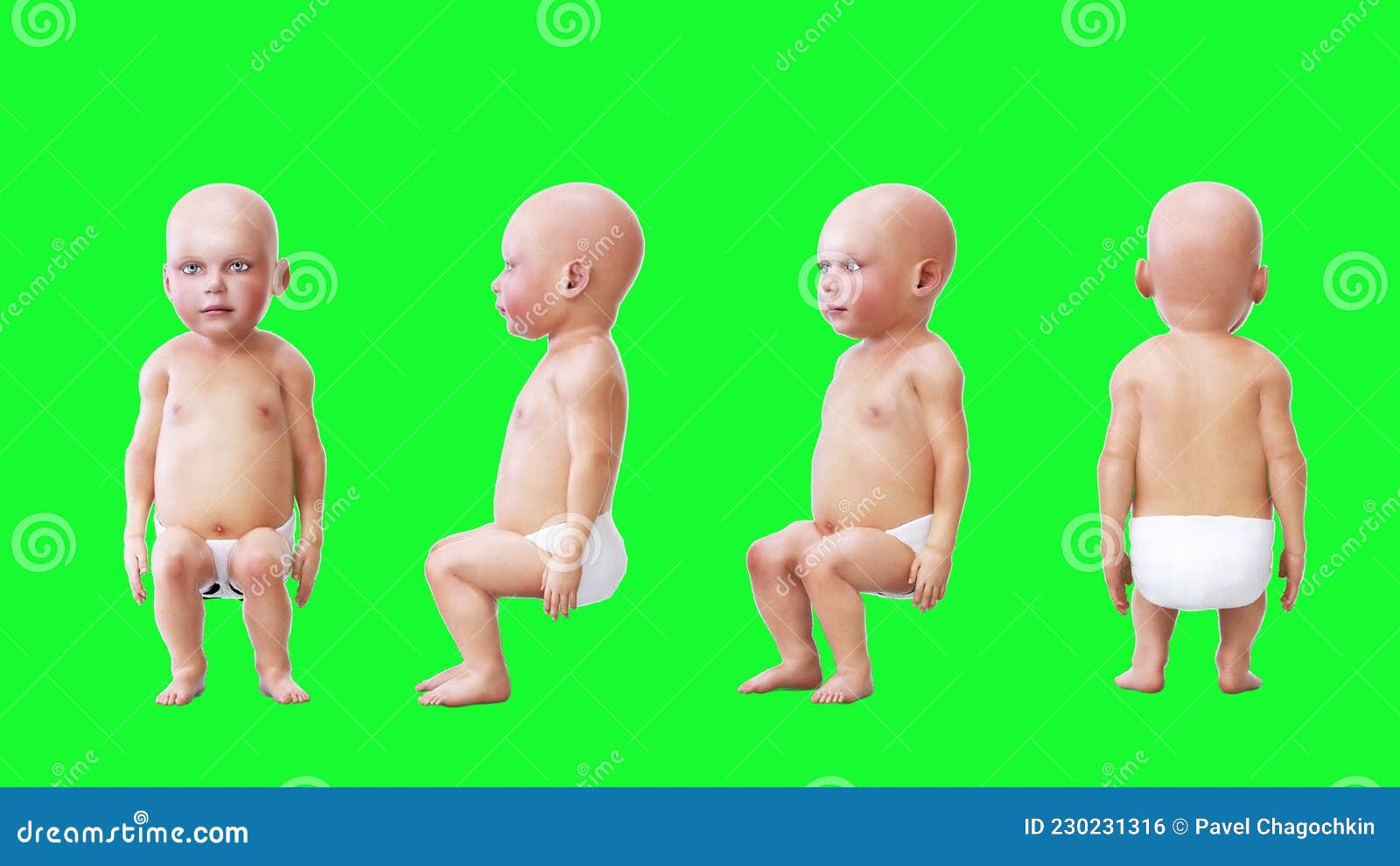 Funny Baby, Children. Green Screen 3d Rendering. Stock Illustration ...