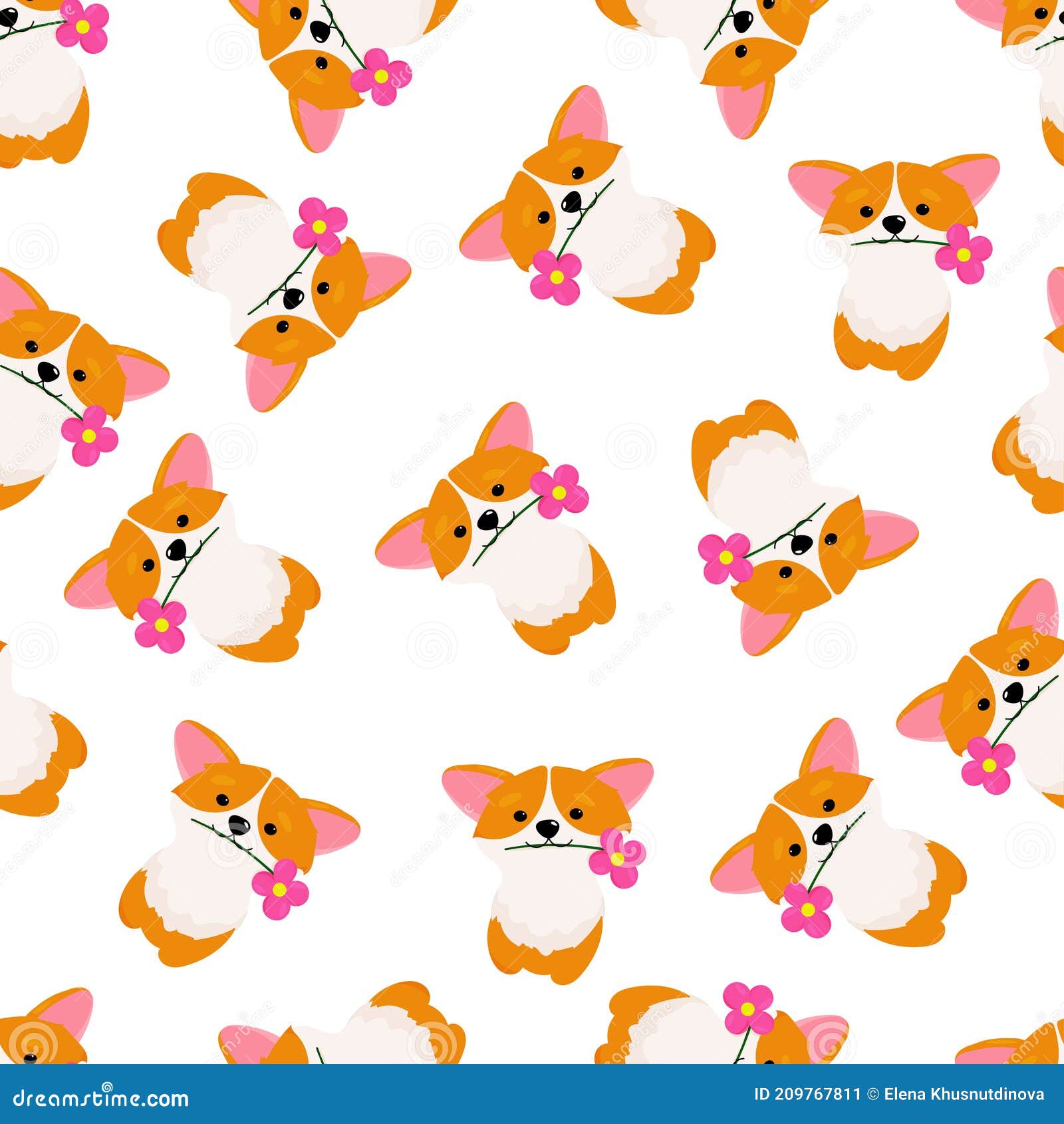 Funny Background with Corgi. Corgi with Flower Seamless Pattern Stock ...