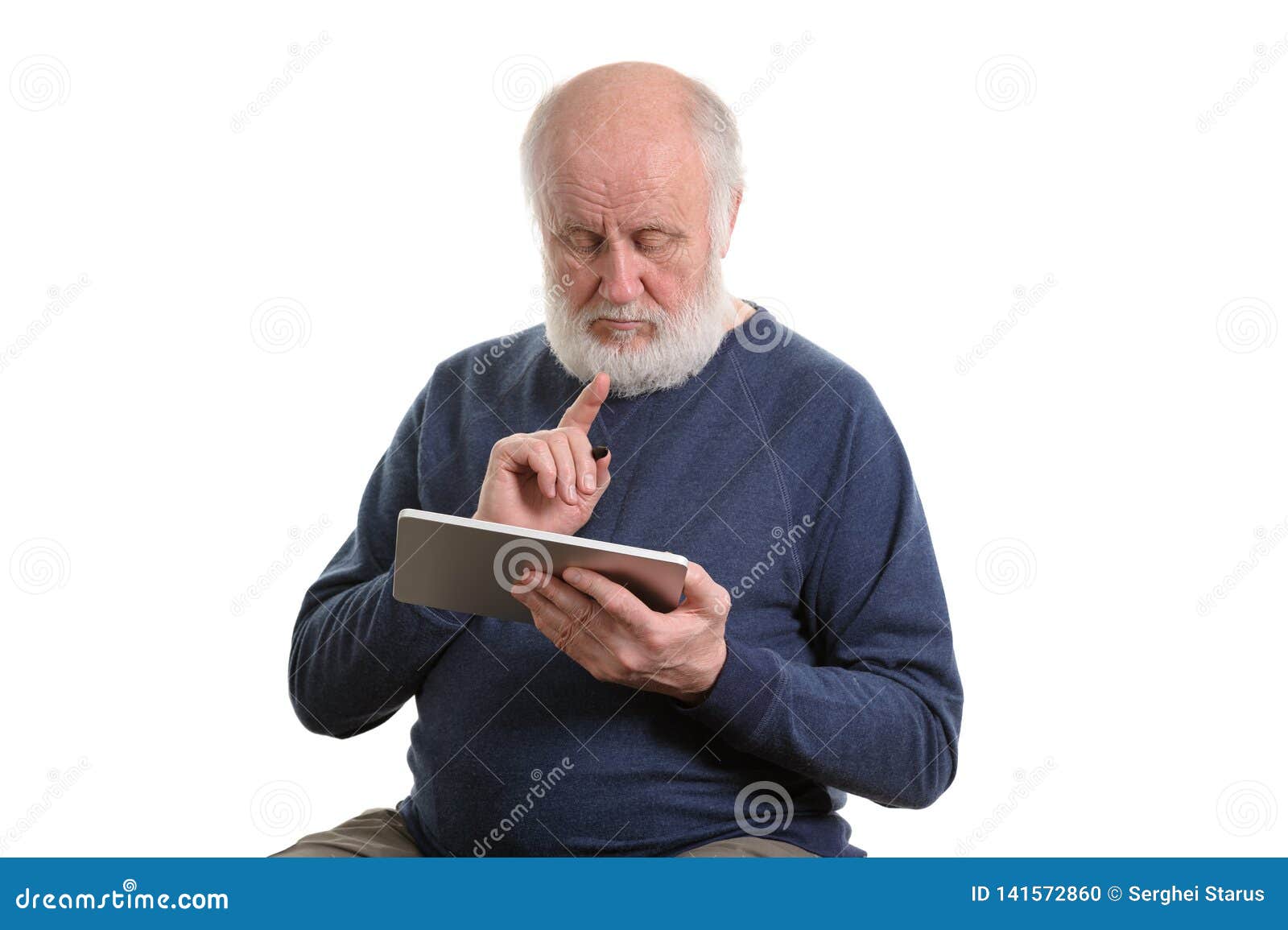 Funny Old Man Using Tablet Computer Isolated on White Stock Photo ...