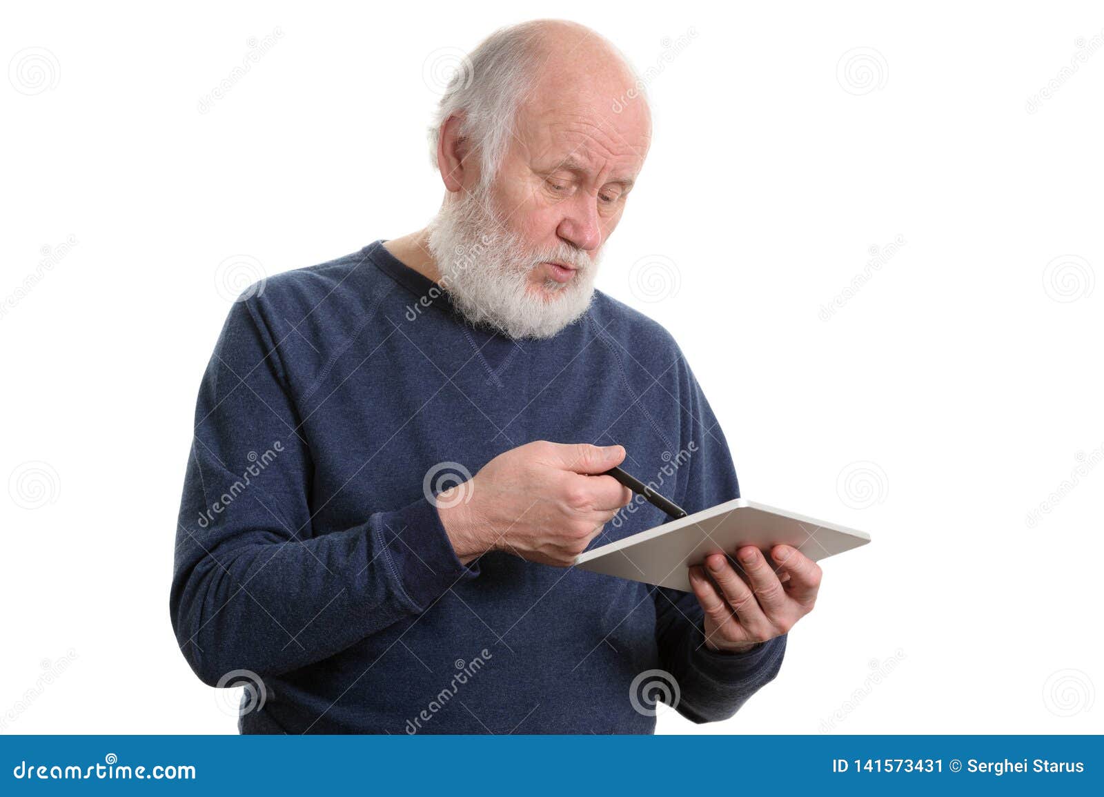 Funny Old Man Using Tablet Computer Isolated On White Stock Image