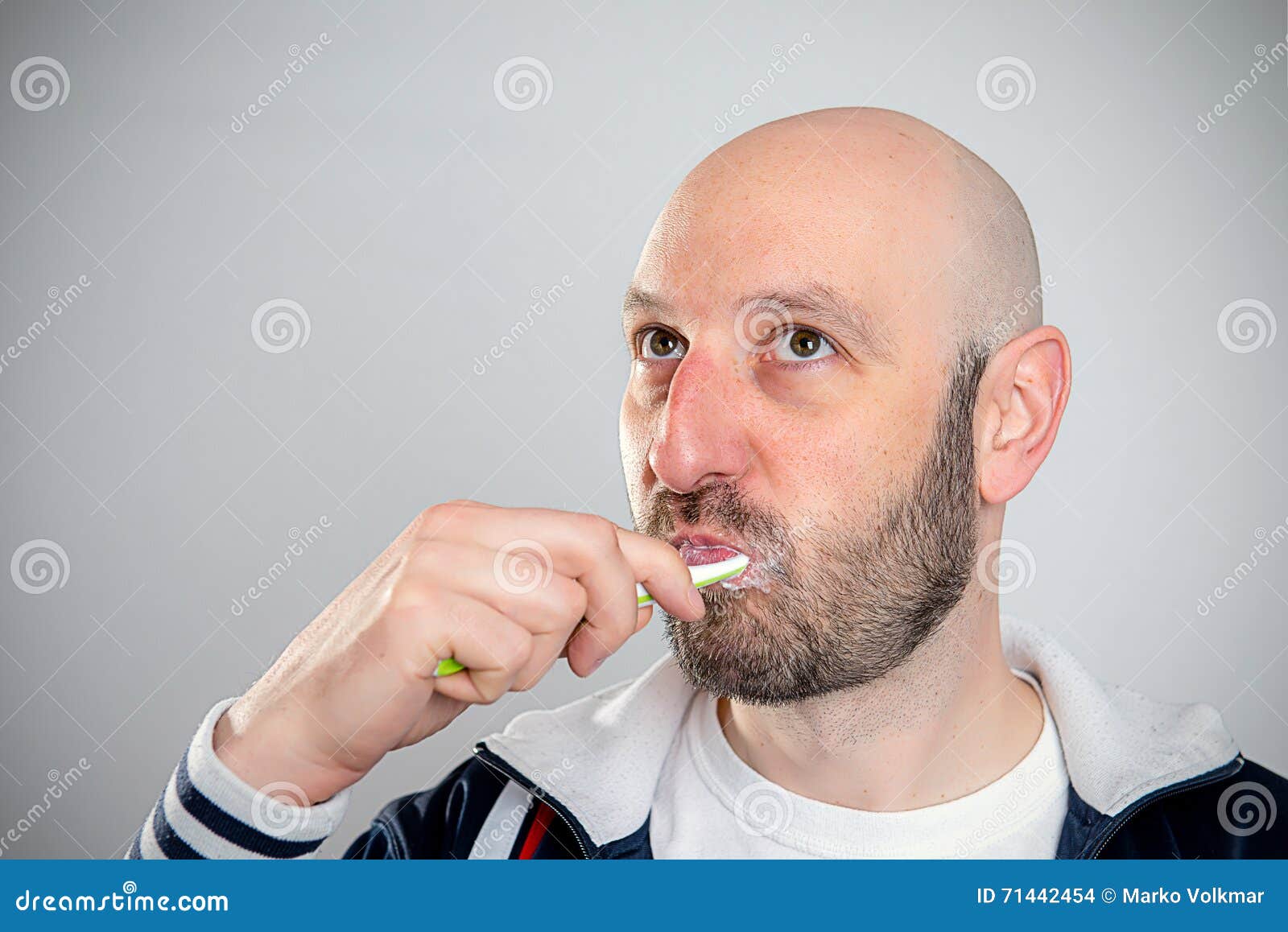 Funny Bald Headed Man Brushing Teeth Stock Photo - Image of background ...
