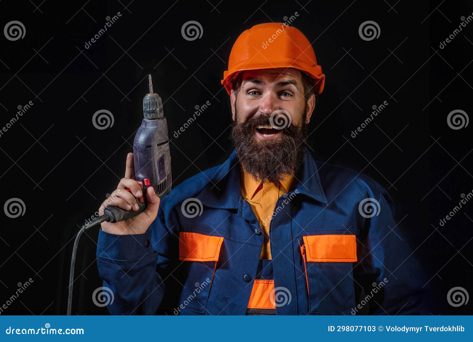 Funny Bearded Builder Worker. Handyman Builder in Hardhat. Building ...