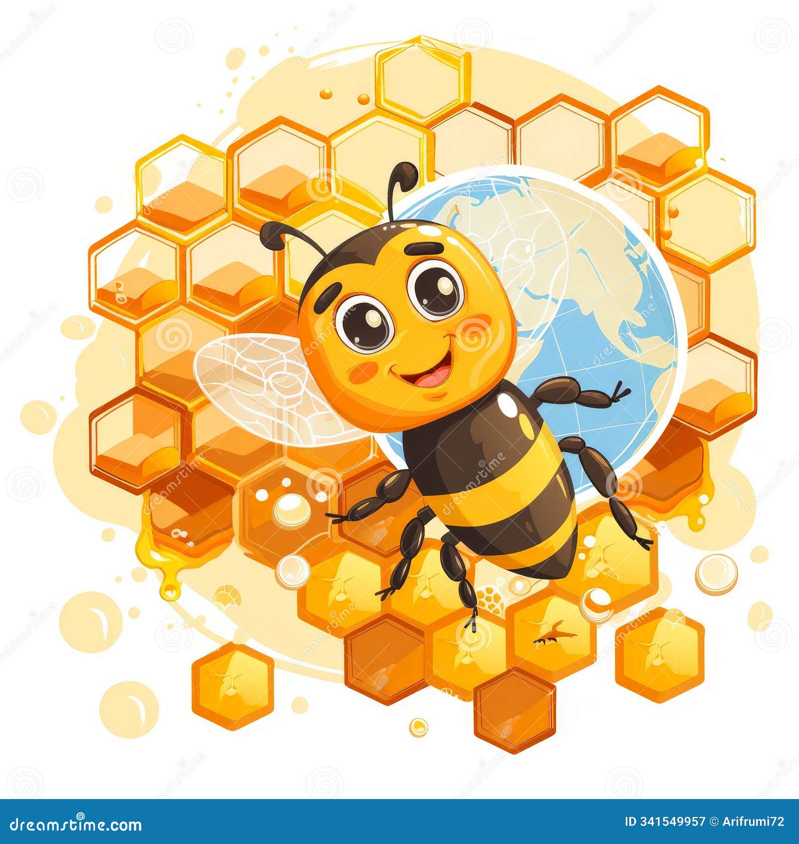 Funny Bee with Earth and Honeycomb Beehive Illustration White ...