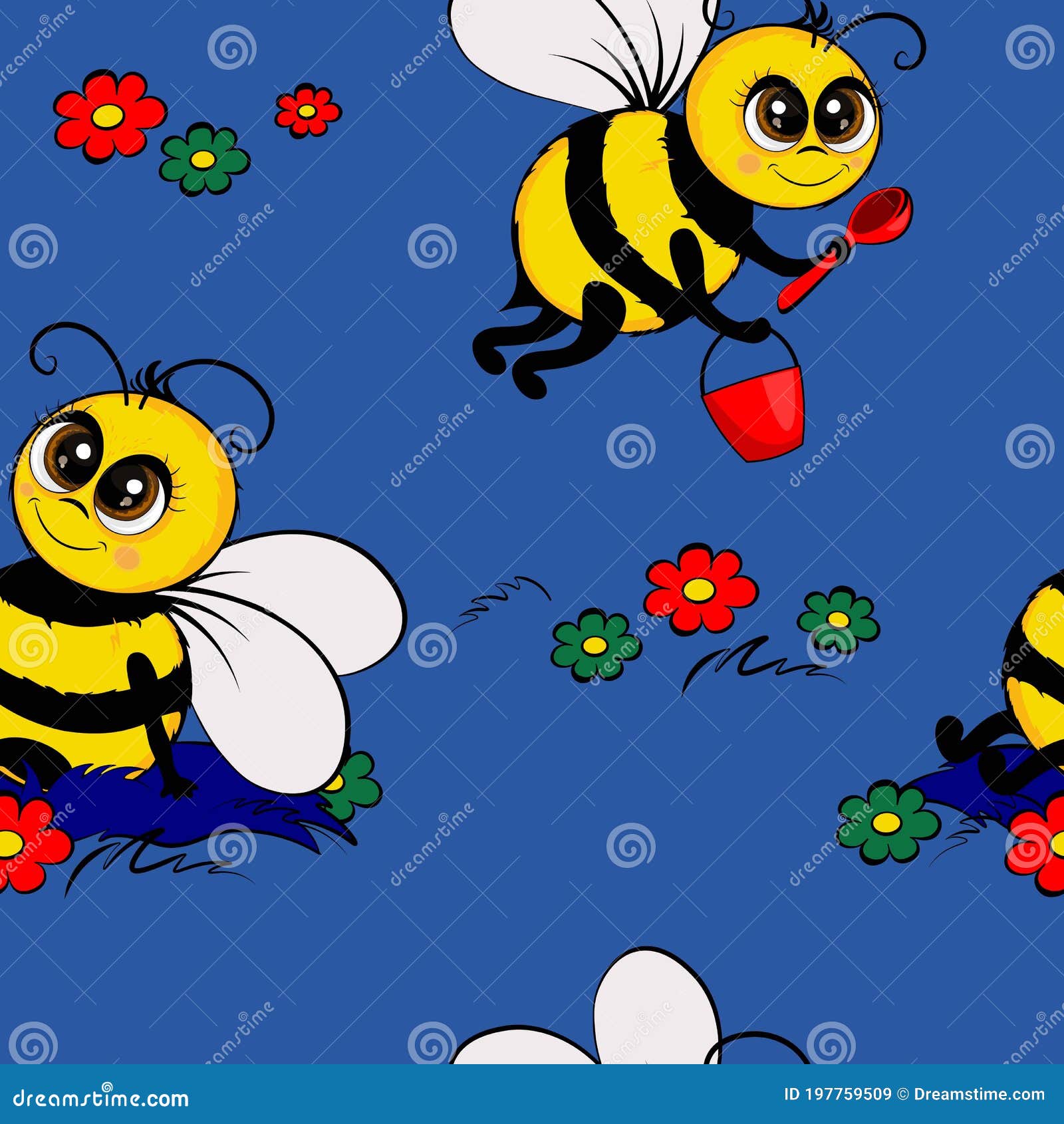 Funny Bees Collect Nectar. Seamless Pattern Stock Vector - Illustration ...