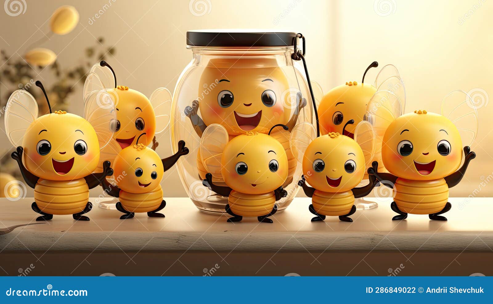 Funny Bees in a Jar of Honey, 3d Render Cartoon Illustration Stock ...