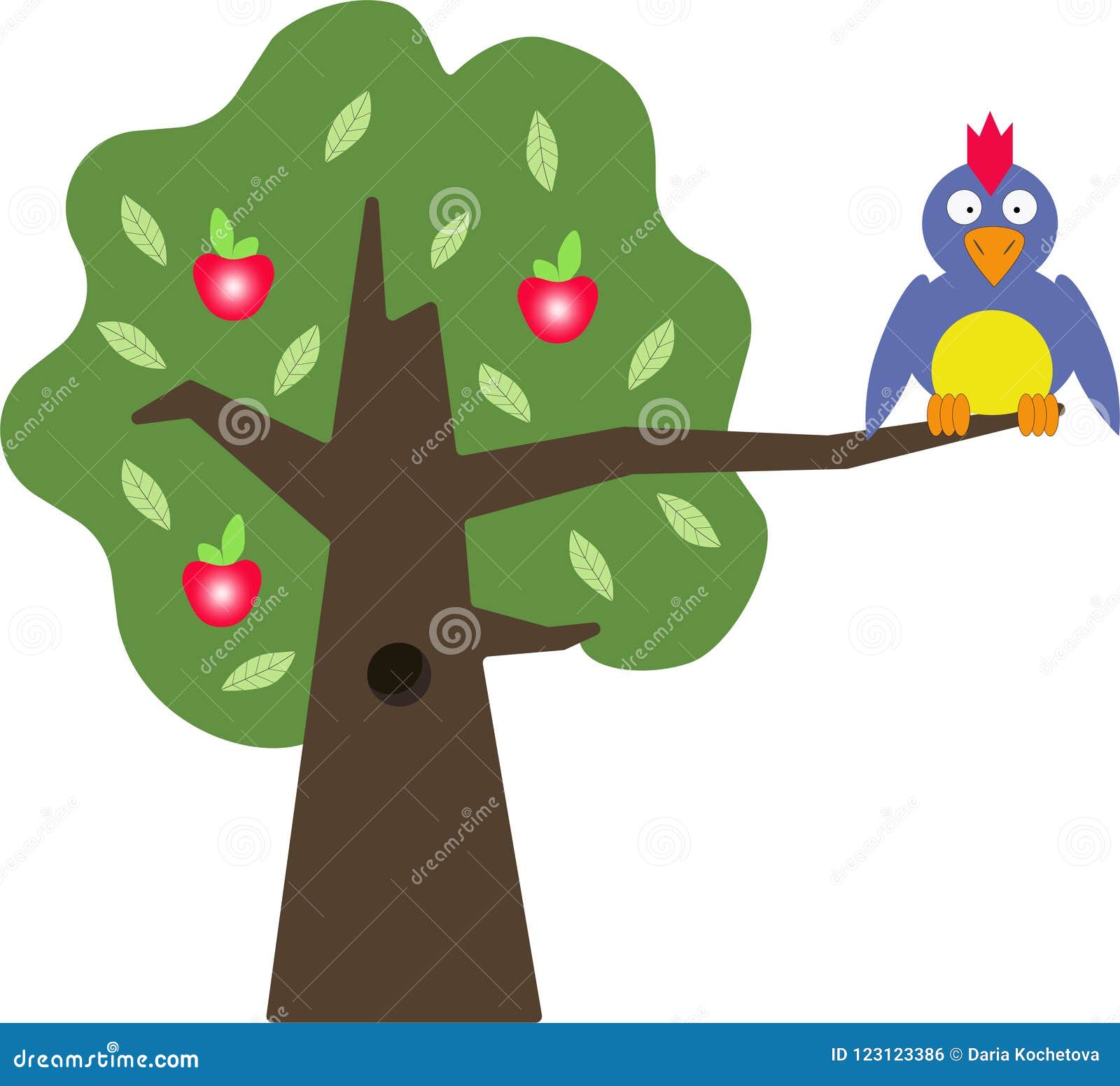 Funny Bird Sitting on an Apple Tree. Stock Vector - Illustration of ...