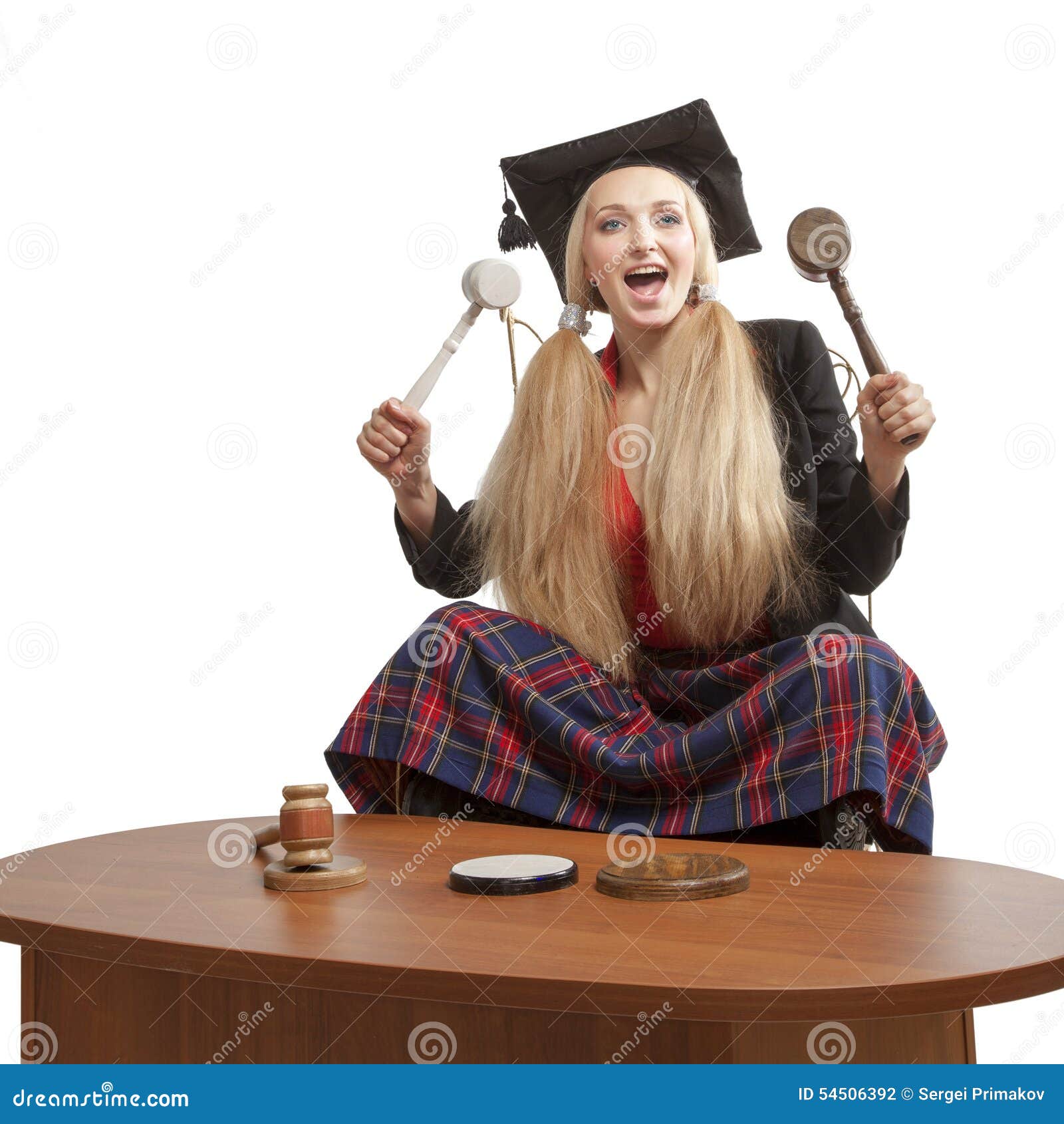 Funny Blond Judge Holding Mallets Stock Photo - Image of college ...