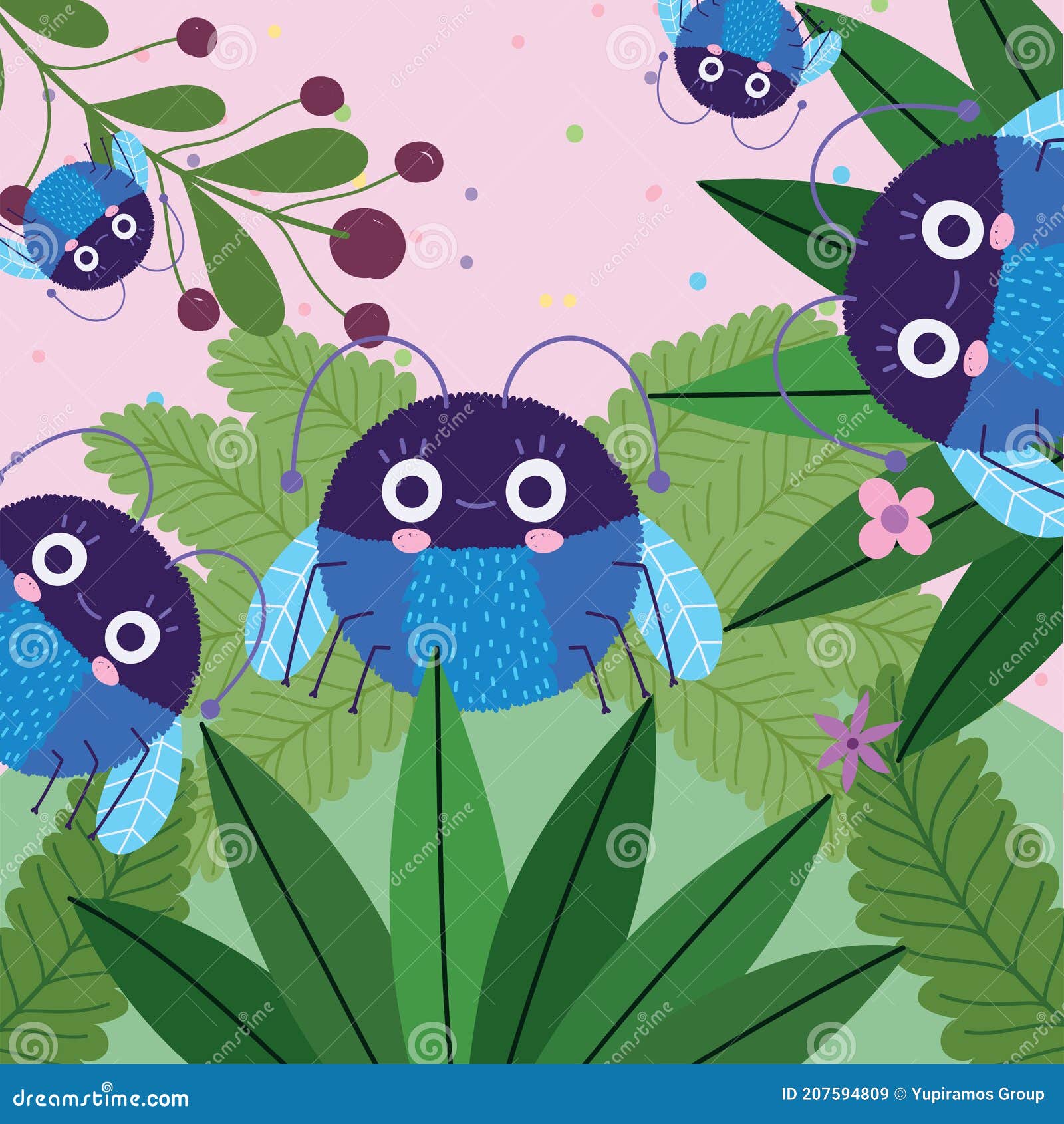 Funny Blue Bug Creature Animals Foliage Leaves Cartoon Stock Vector ...