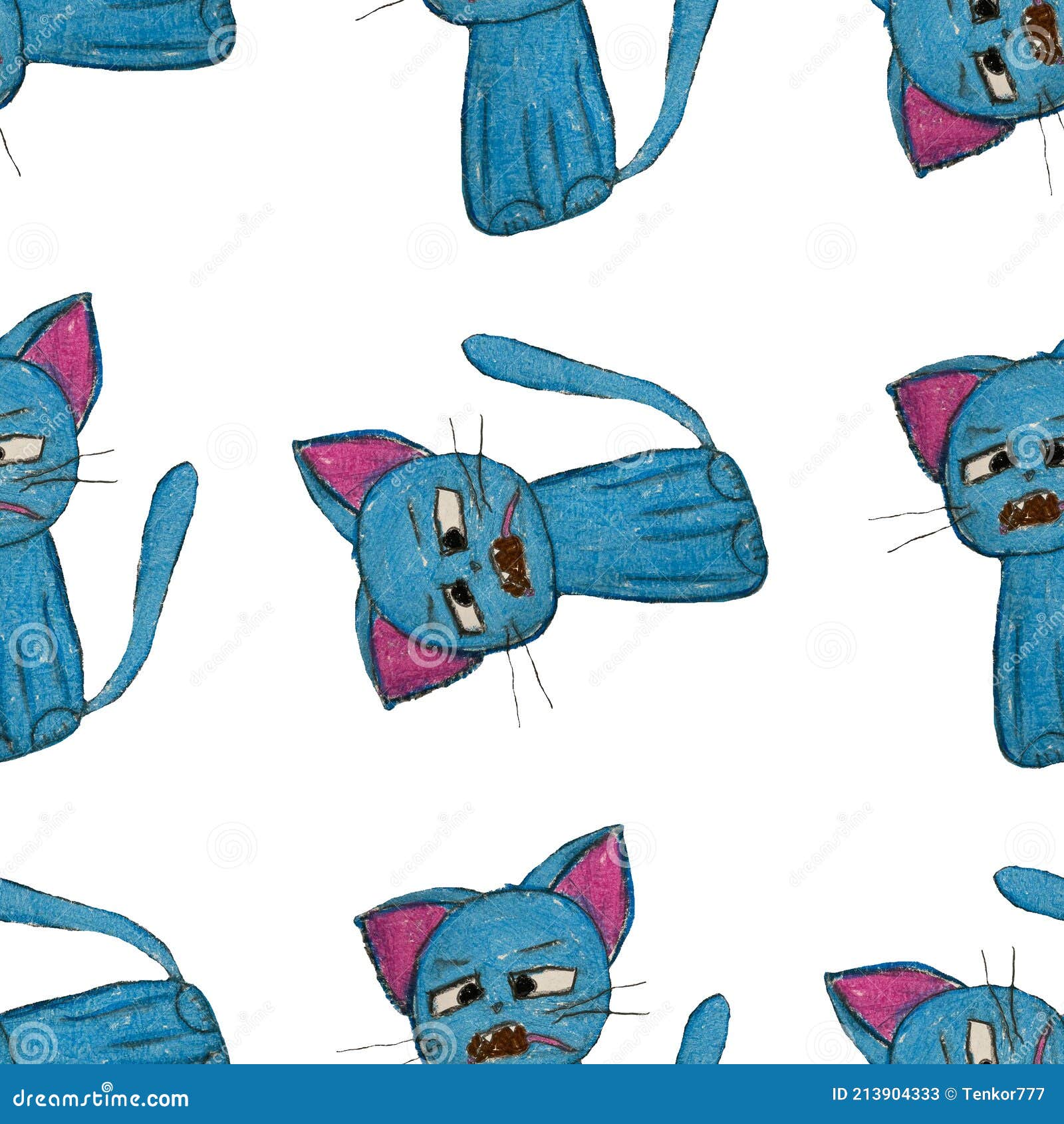 Funny Blue Cat Seamless Pattern on White Background. Stock Image ...