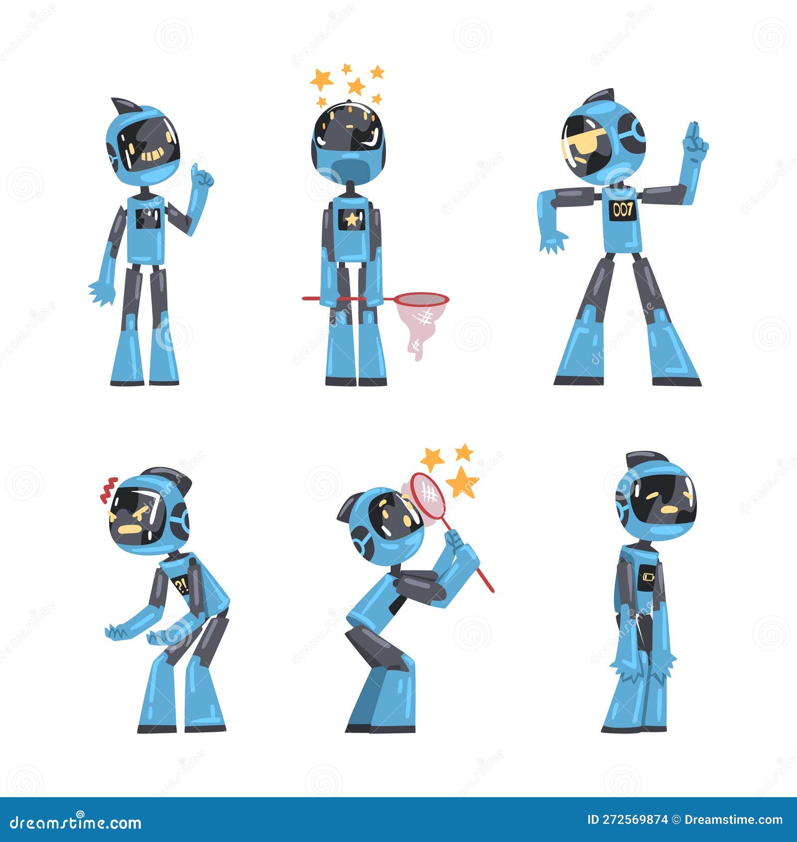 Funny Blue Robot Character Engaged in Different Activity Vector Set ...