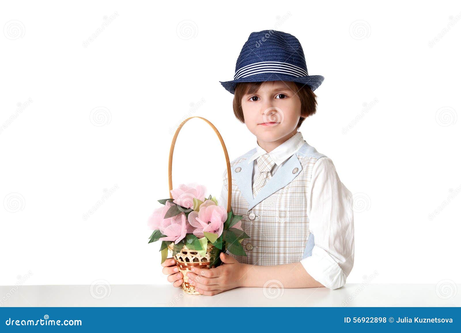 Funny Boy with Basket of Flowers Stock Photo - Image of dreamy ...