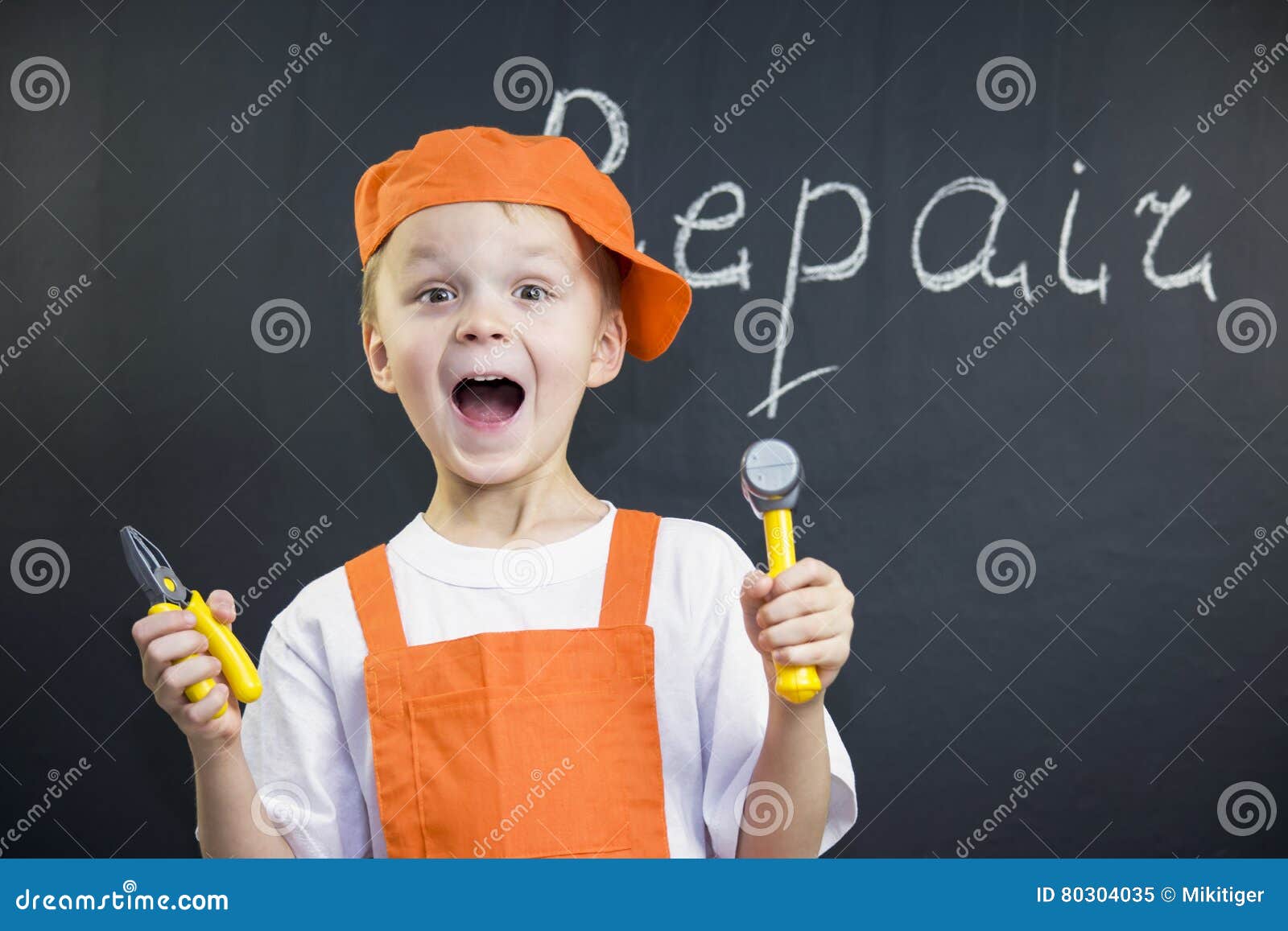Funny boy builder stock image. Image of tool, smile, repair - 80304035