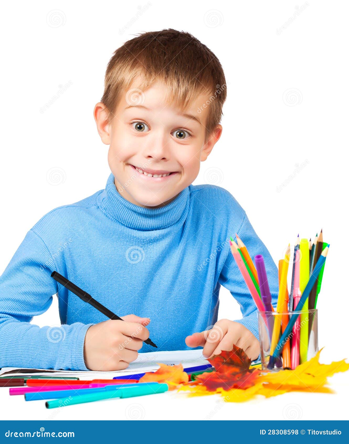 Funny Boy is Drawing with Pencils Stock Photo - Image of school, leaves ...