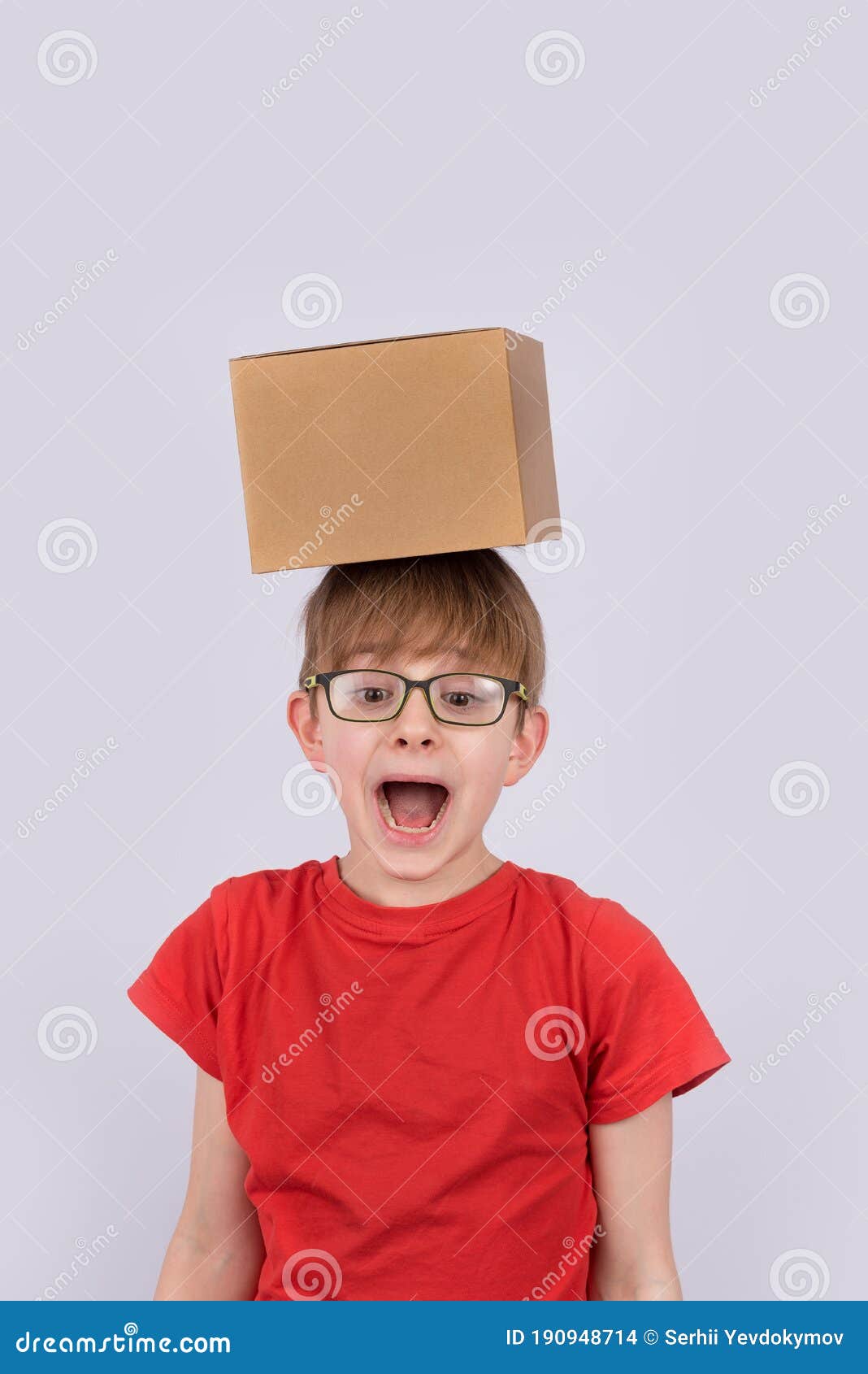 Funny Boy in Glasses Put Box on His Head. Vertical Frame Stock Photo ...