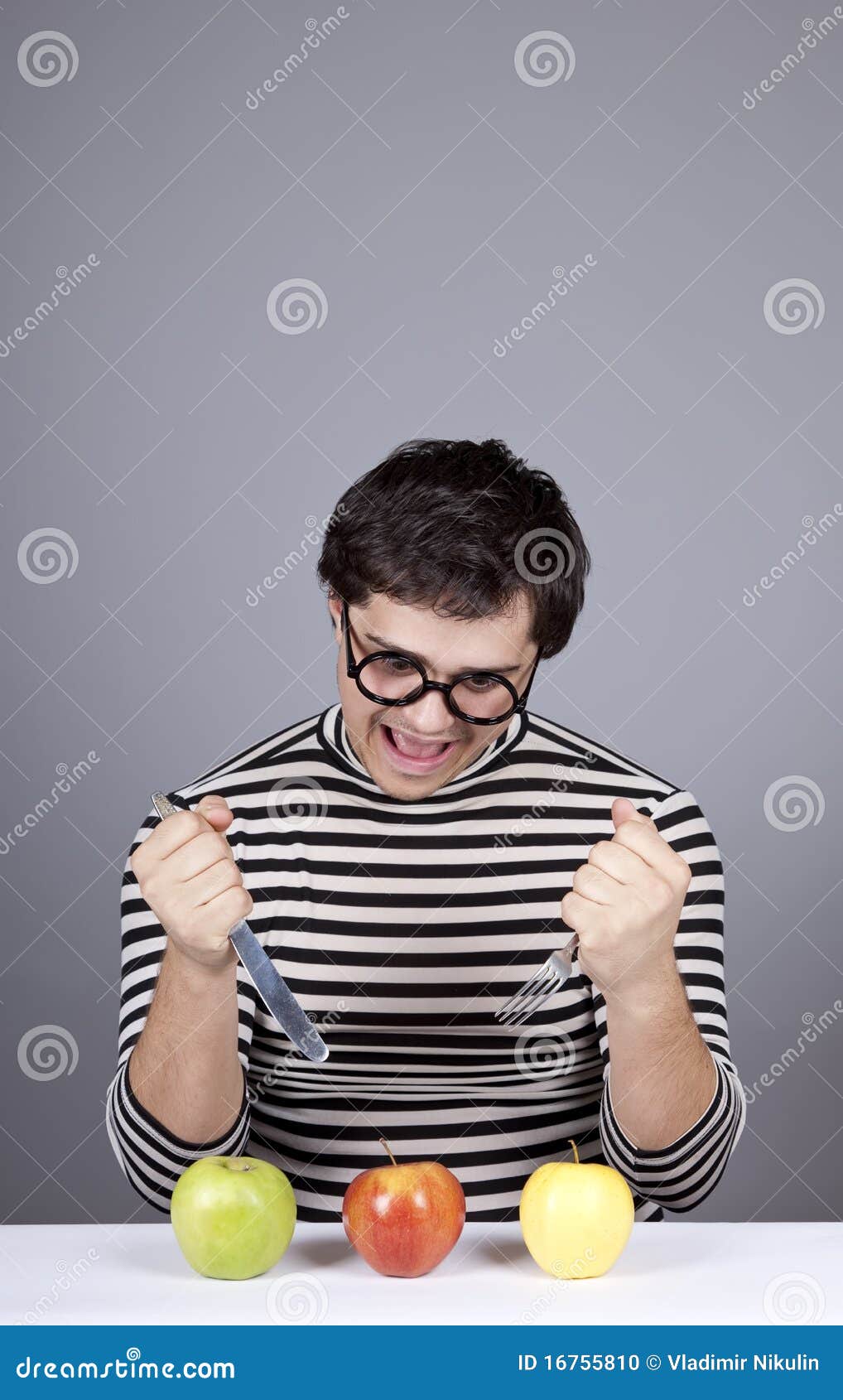 Funny Boy Try To Eat Apples. Stock Photo - Image of funny, fork: 16755810