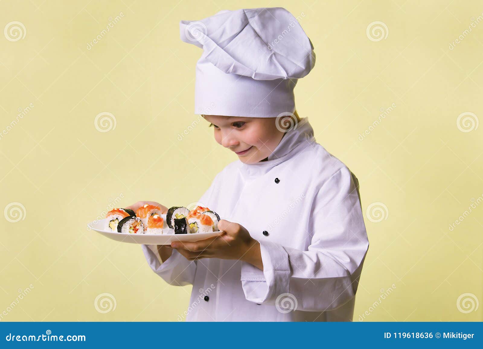 Funny Boy Chef Cooked Sushi on a Plate Stock Photo - Image of ...