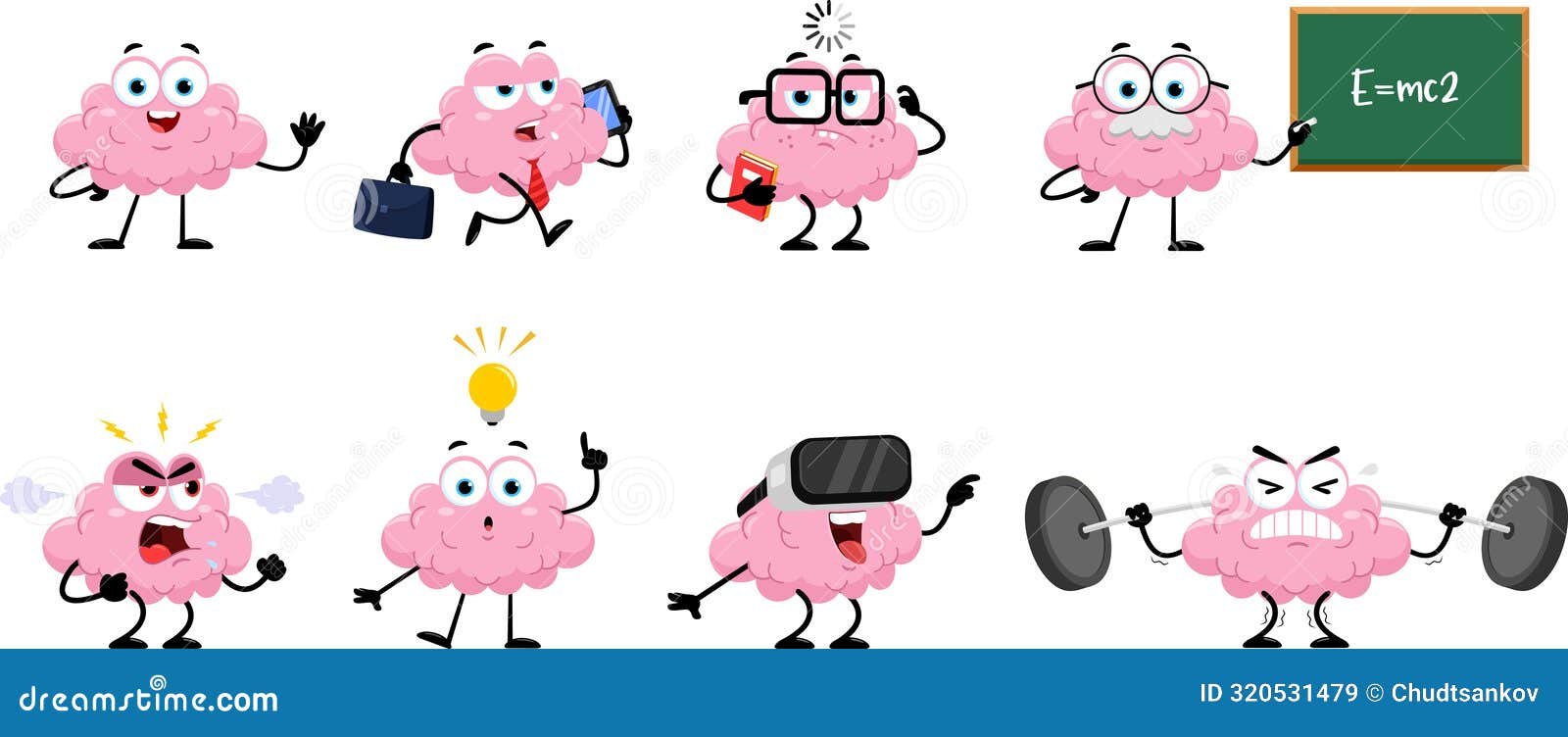 Funny Brain Cartoon Character. Vector Flat Design Collection Set Stock ...