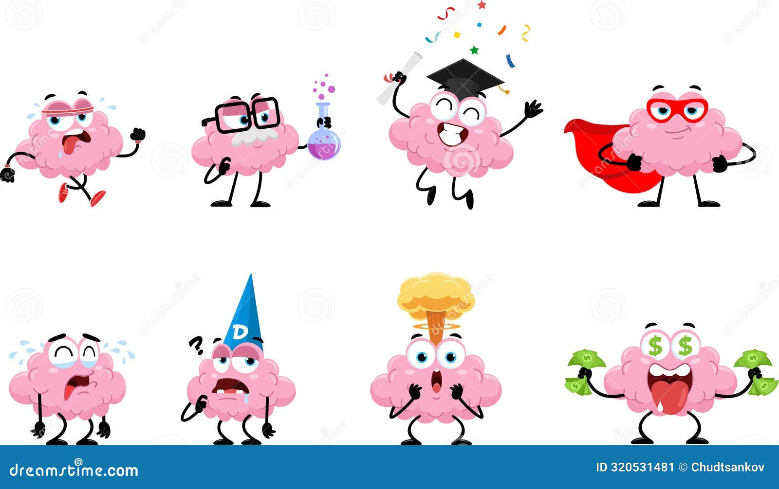 Funny Brain Cartoon Character. Vector Flat Design Collection Set Stock ...